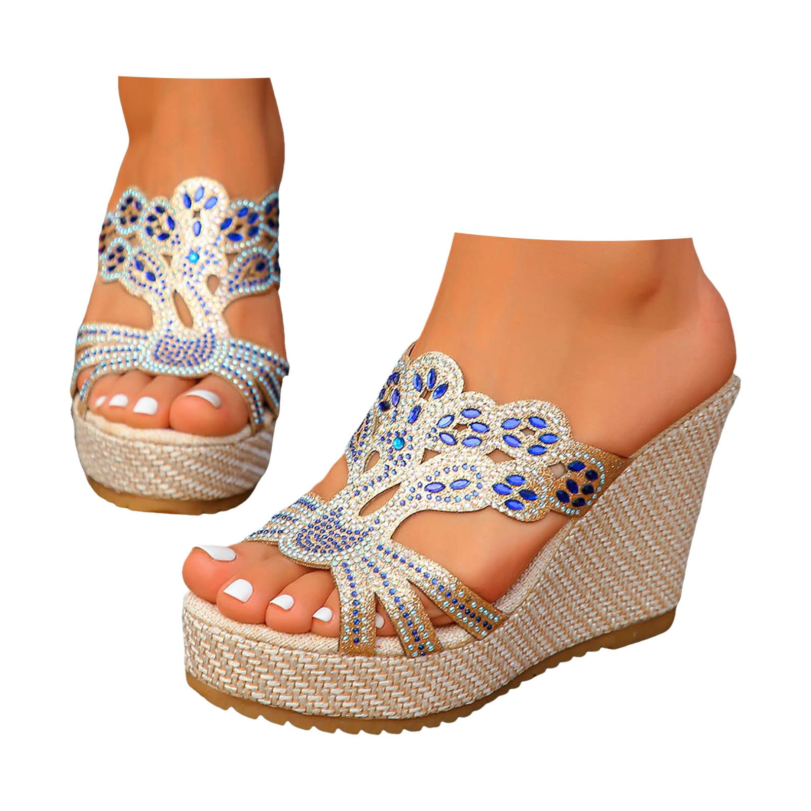 Mepaouo Bohemian Wedge Sandals for Women Rhinestone Platform ...
