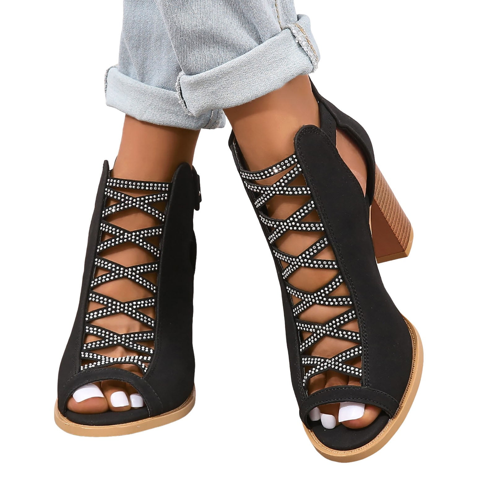 Mepaouo Heeled Sandals for Womens Bohemian Cutout Open Toe Summer Block ...