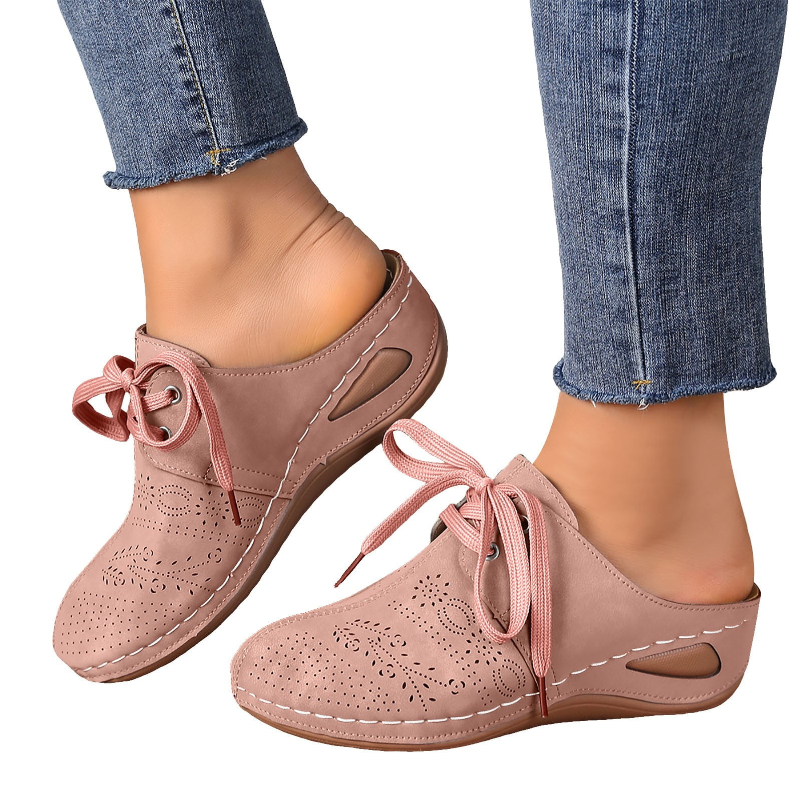 Mepaouo Clogs for Women Closed Toe Slip on Mules Arch Support Leather Hollow out Wedge Sandals ...