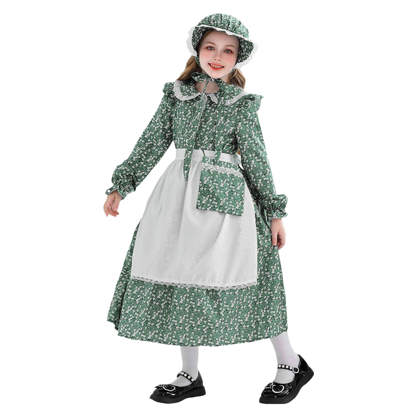 Mepaouo Colonial Girl Dress Set Pioneer Floral Dirndl Dresses Outfit ...