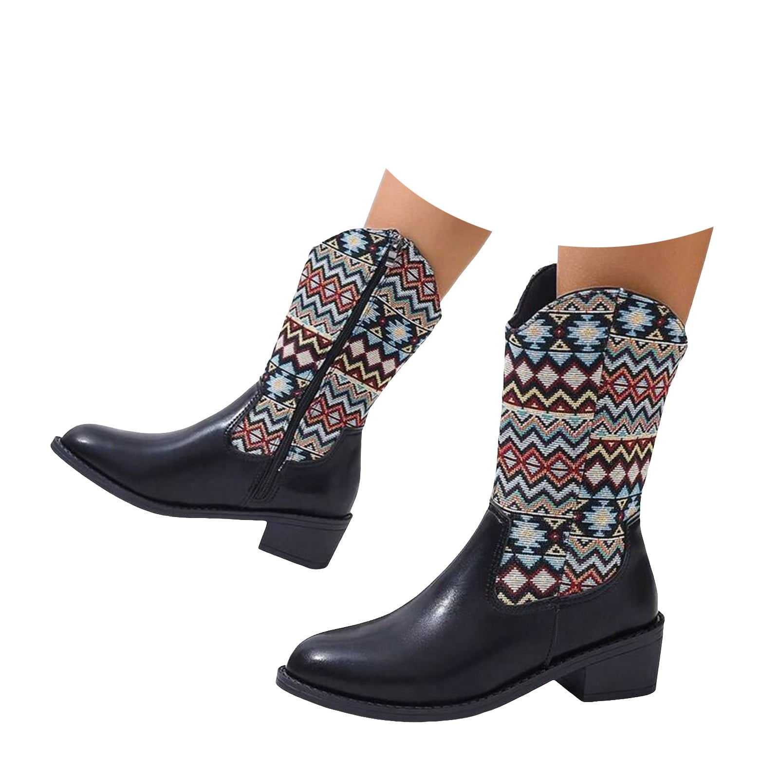 Mepaouo Cowboy Boots Bohemia Low Heel Leather Cowgirl Boots Arch ...