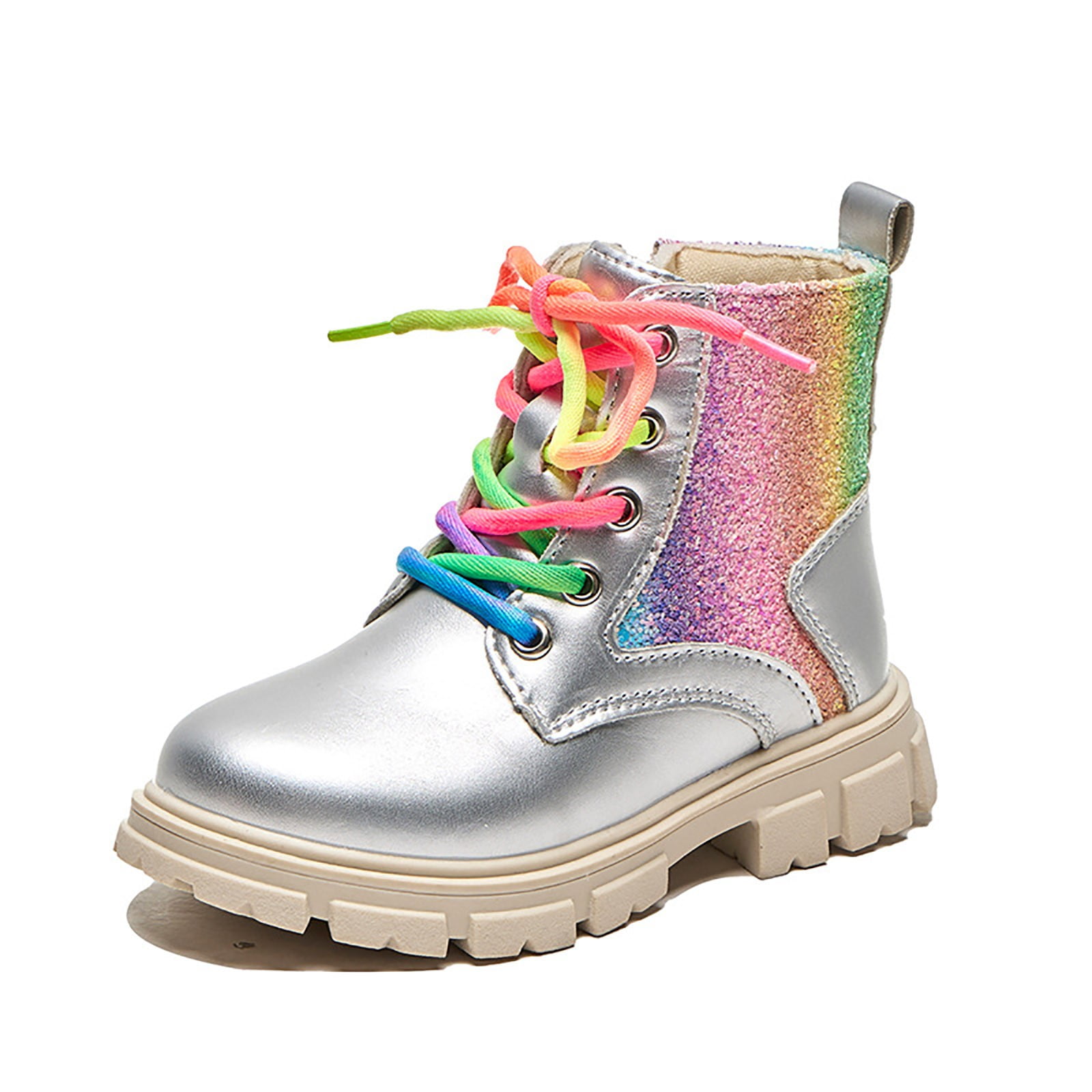 Mepaouo Girls Glittery Ankle Boots Kids Lace up Rainbow Shoelace Combat ...