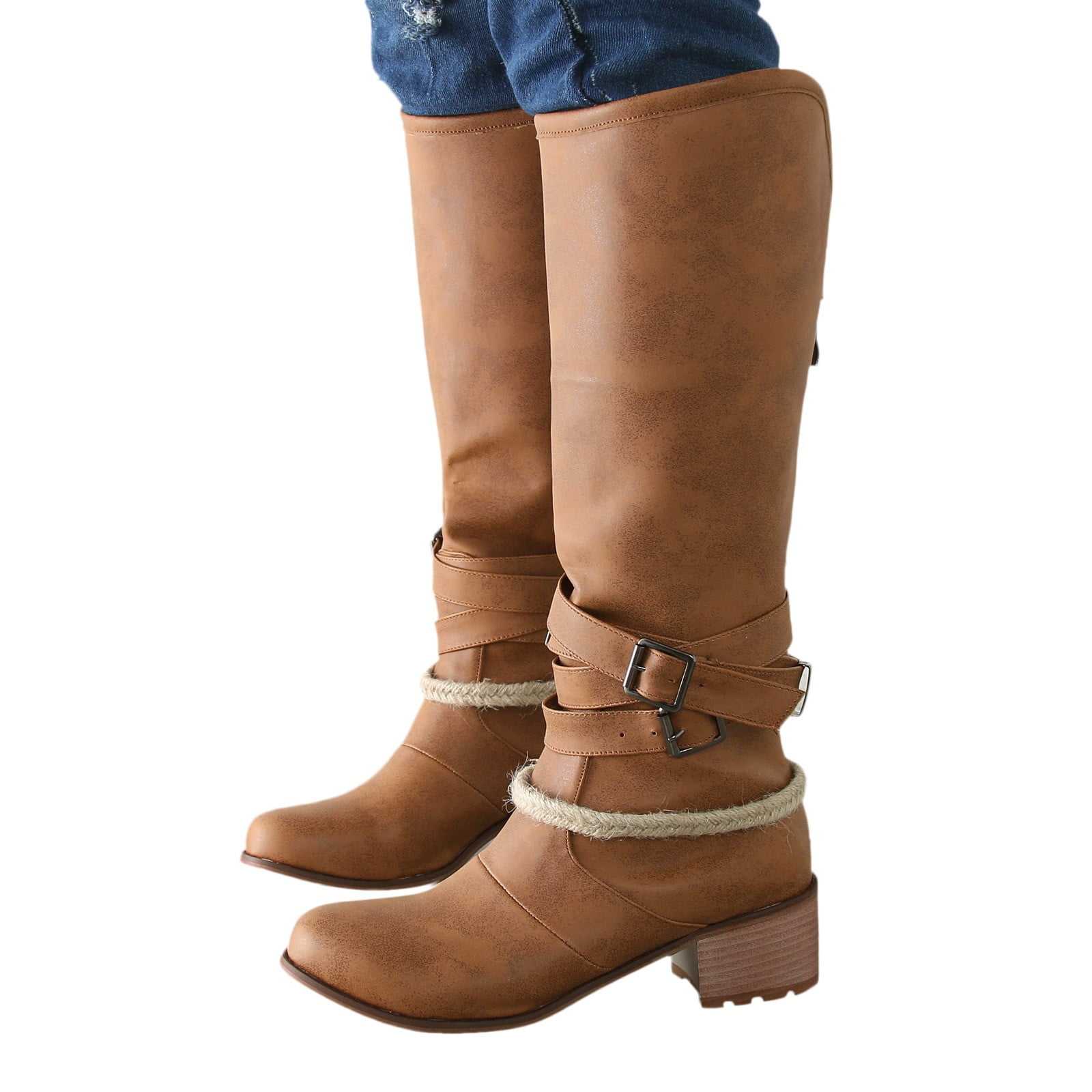 Mepaouo Knee High Boots Women Pull on Buckles Heel Cowboy Riding Boots ...