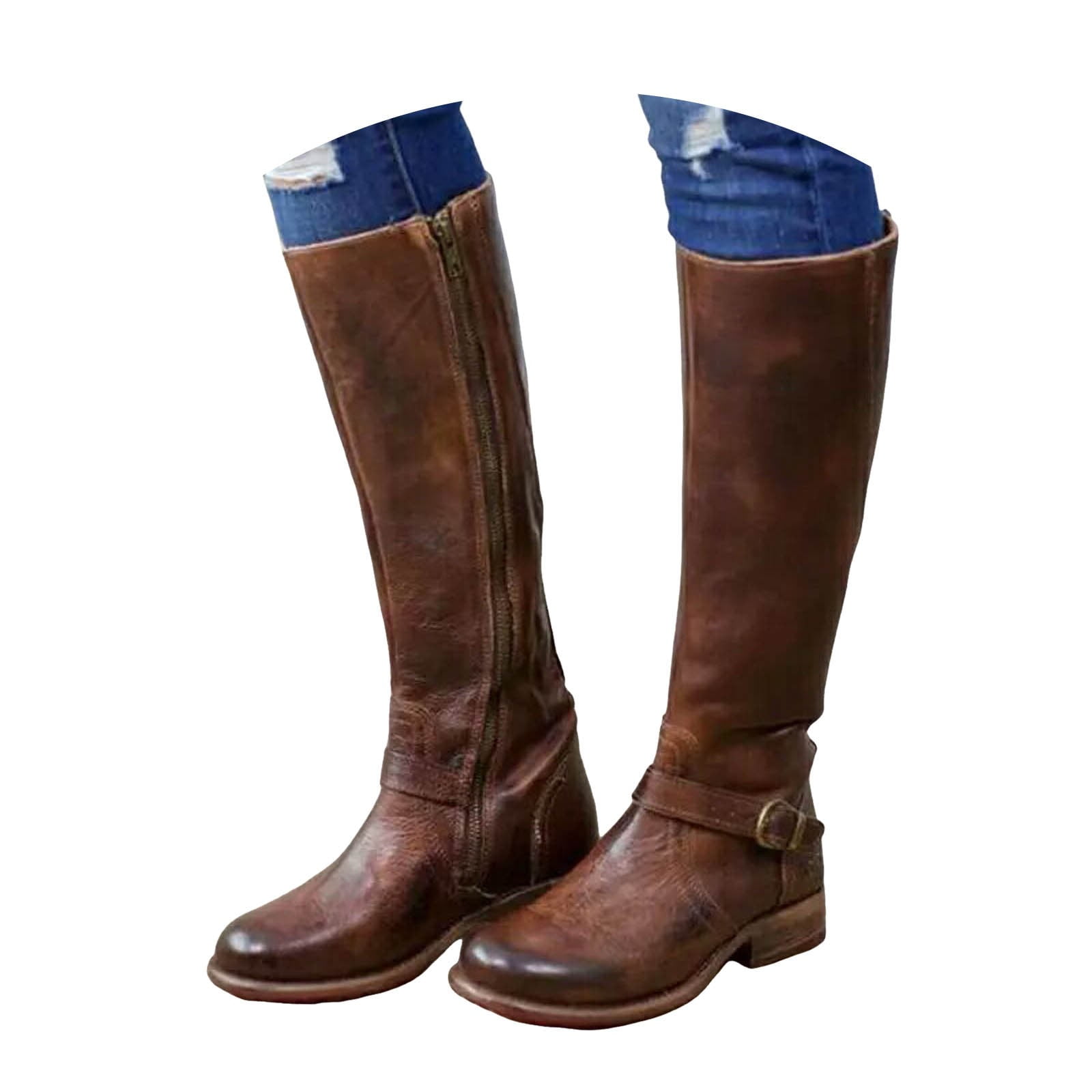 Mepaouo Knee-High Boots for Women Round Toe Leather Tall Long Boots ...