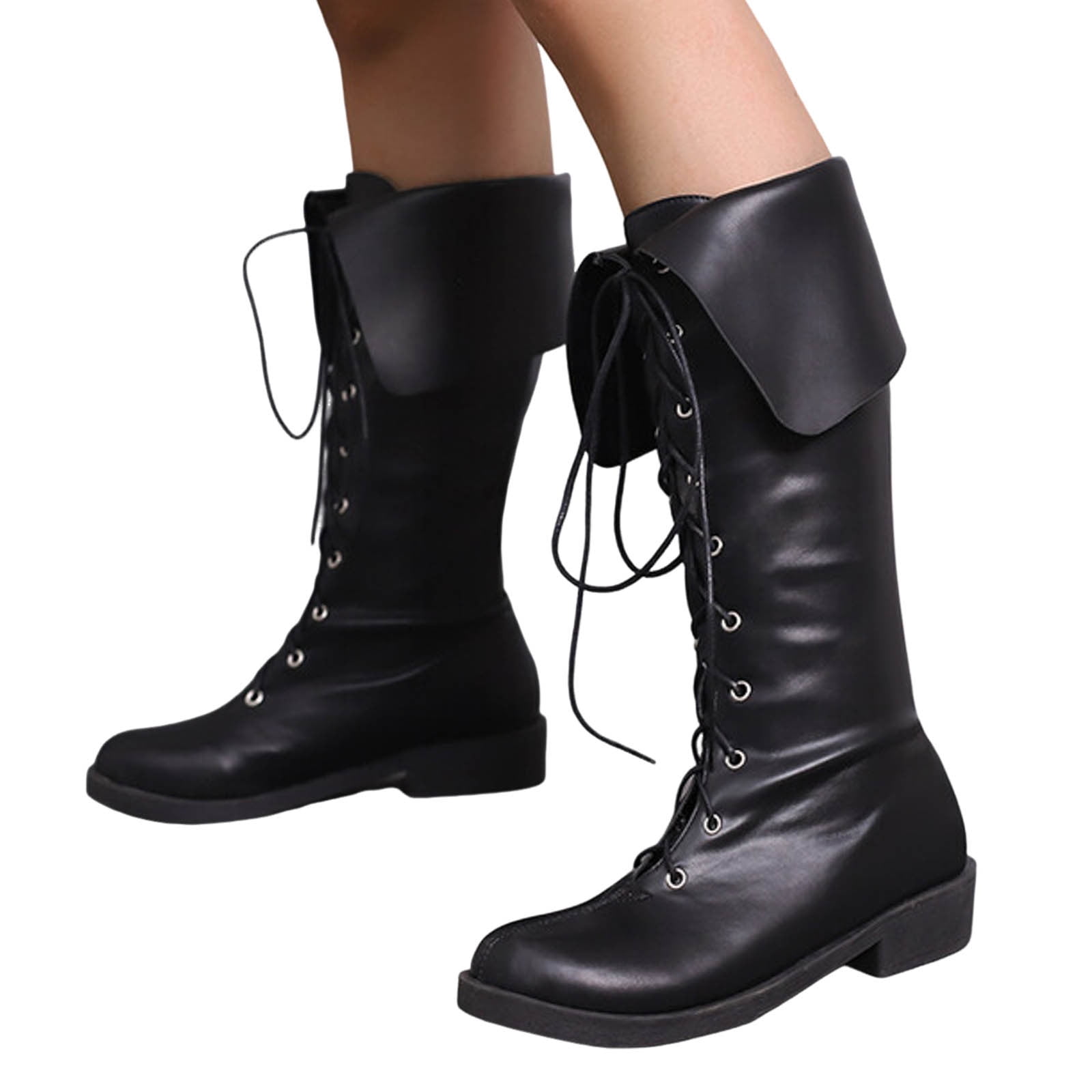 Mepaouo Knee High Riding Boots for Women Foldover Low Heel Lace up ...