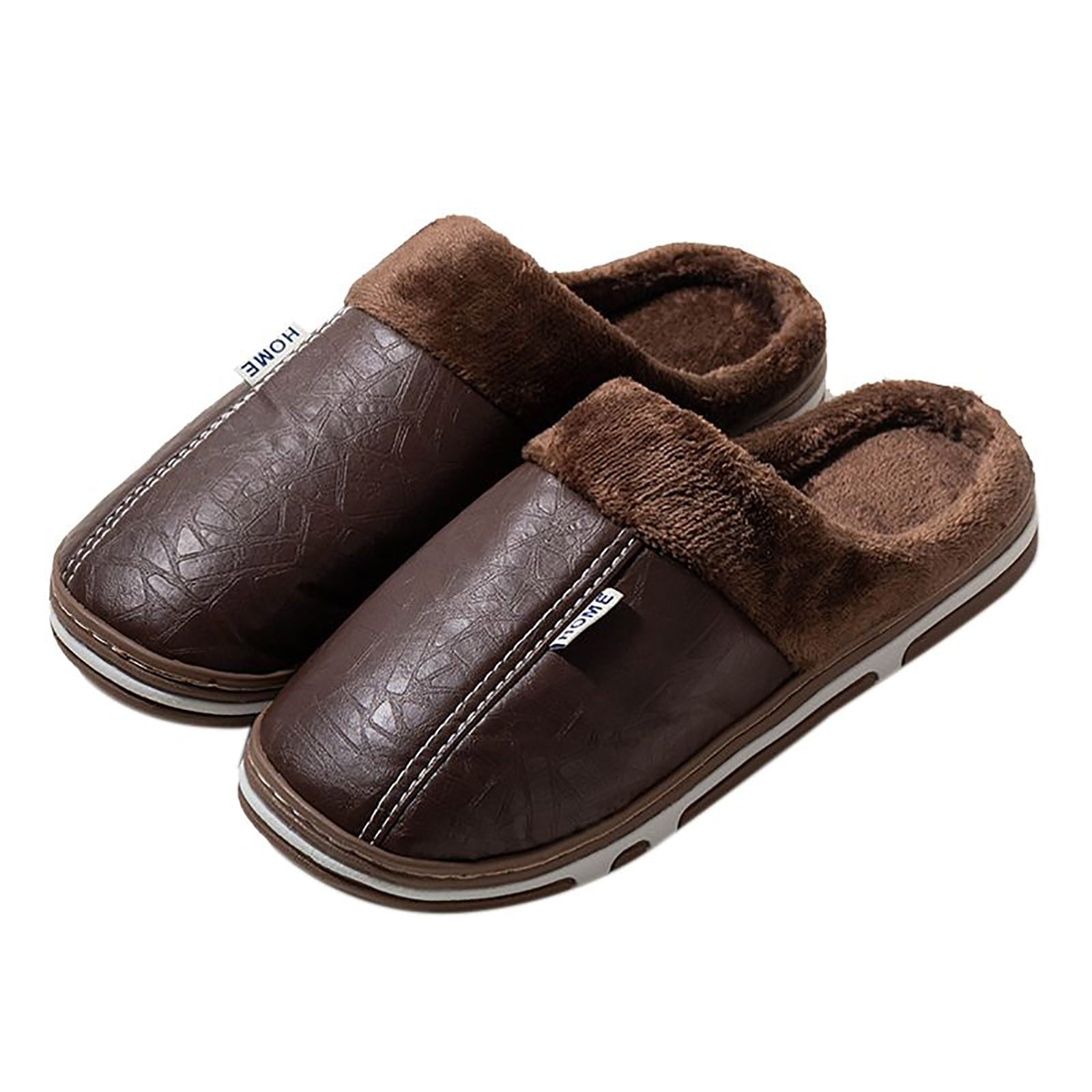 Mepaouo Men's Leather Slippers Fleece Lined Soft Plush Warm House ...