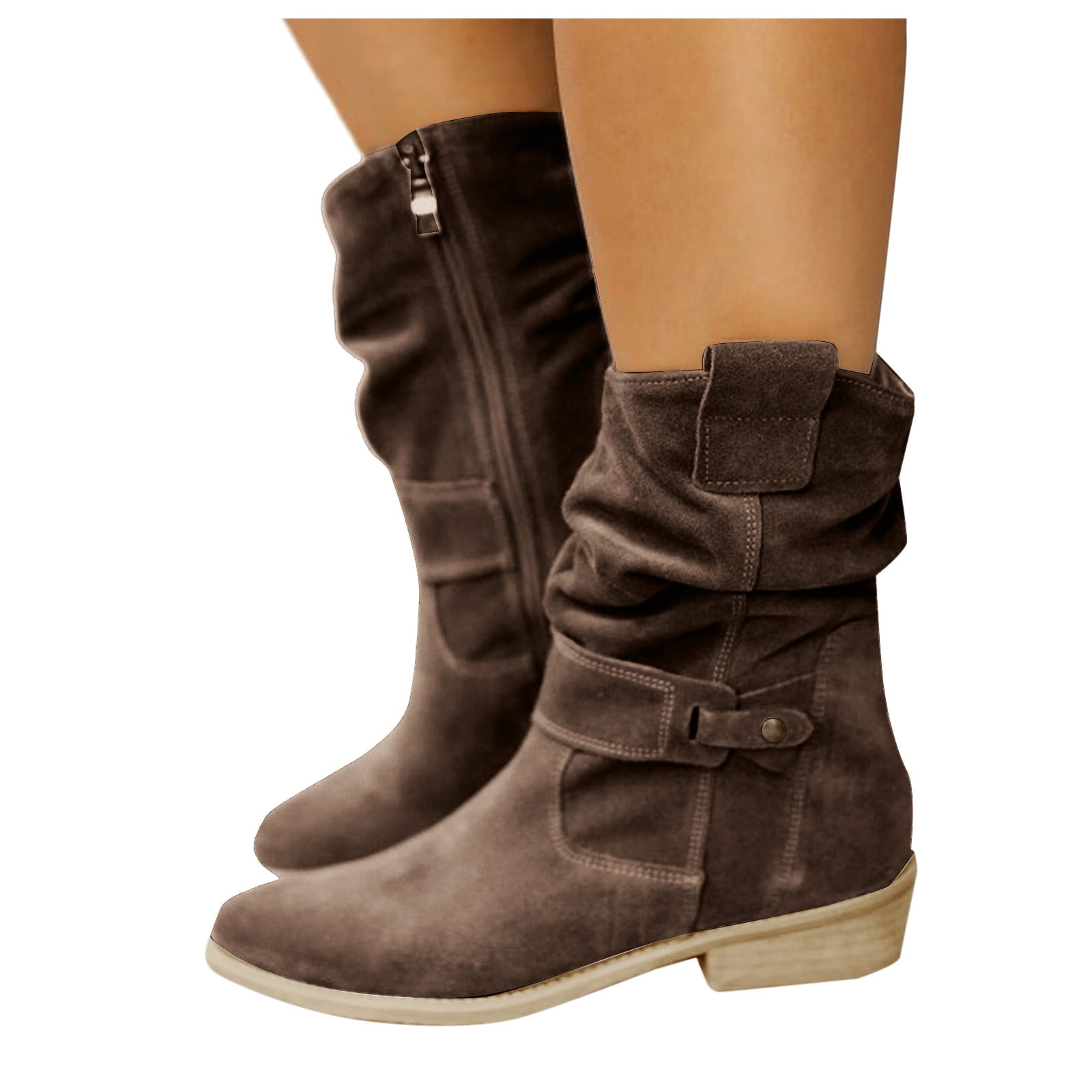 Mepaouo Mid Calf Boots for Women Suede Heel Walking Riding Boots with ...