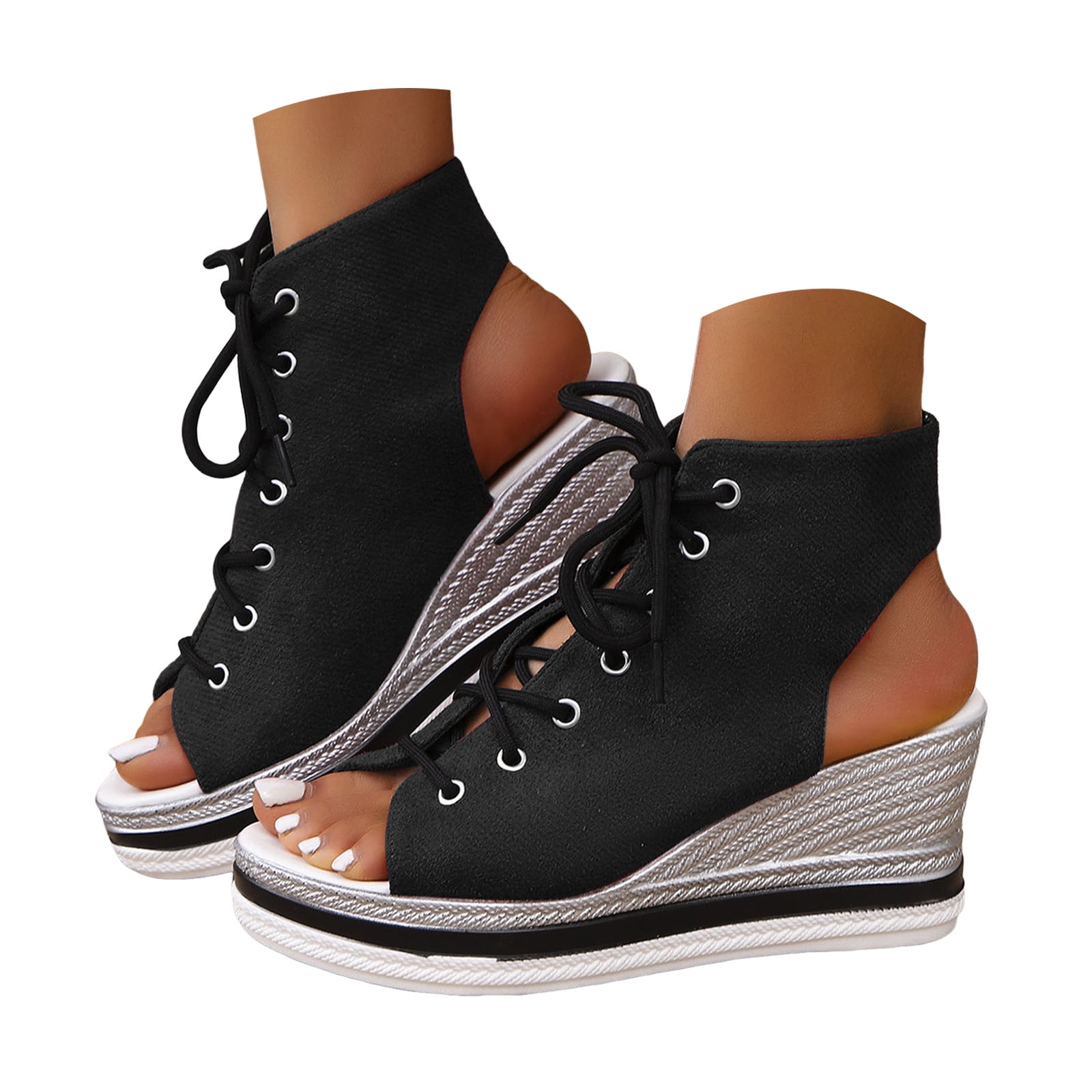 Mepaouo Peep Toe Wedge Sandals Lace up Platform Slingback Slip on Shoes ...