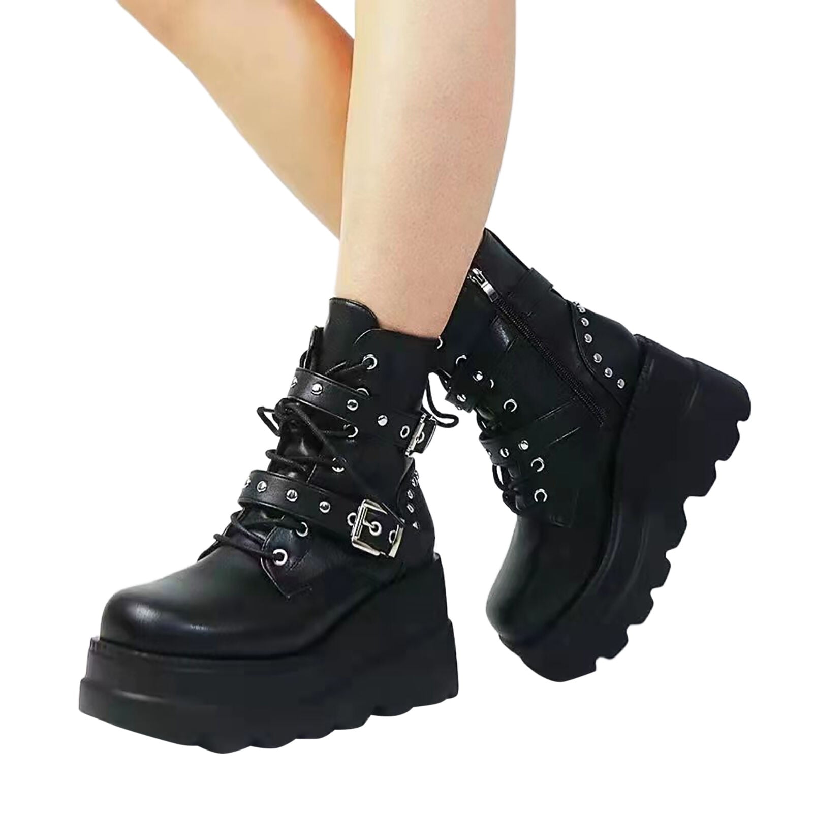 Mepaouo Platform Ankle Boots for Women Goth Rave Round Toe Buckles ...