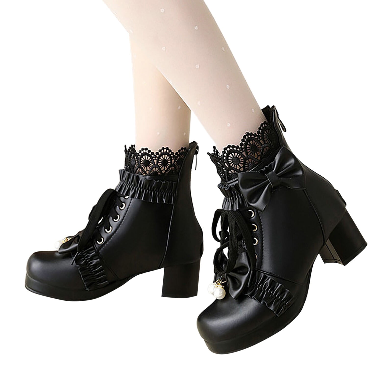 Mepaouo Platform Boots for Women Goth Bead Lace Lolita Dress Shoes ...