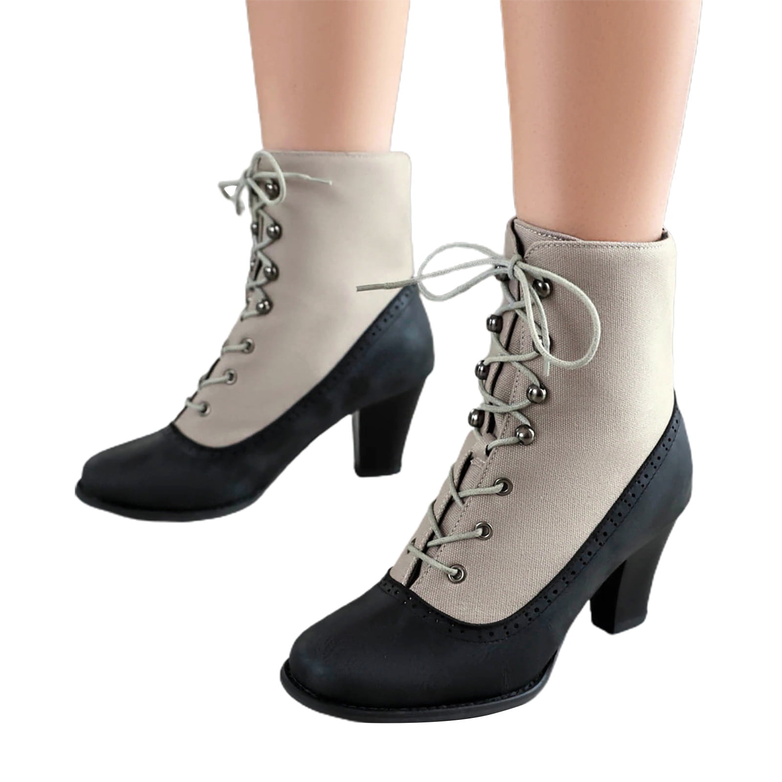 Mepaouo Vintage Ankle Boots for Women Kitten Heel Lace up Combat ...