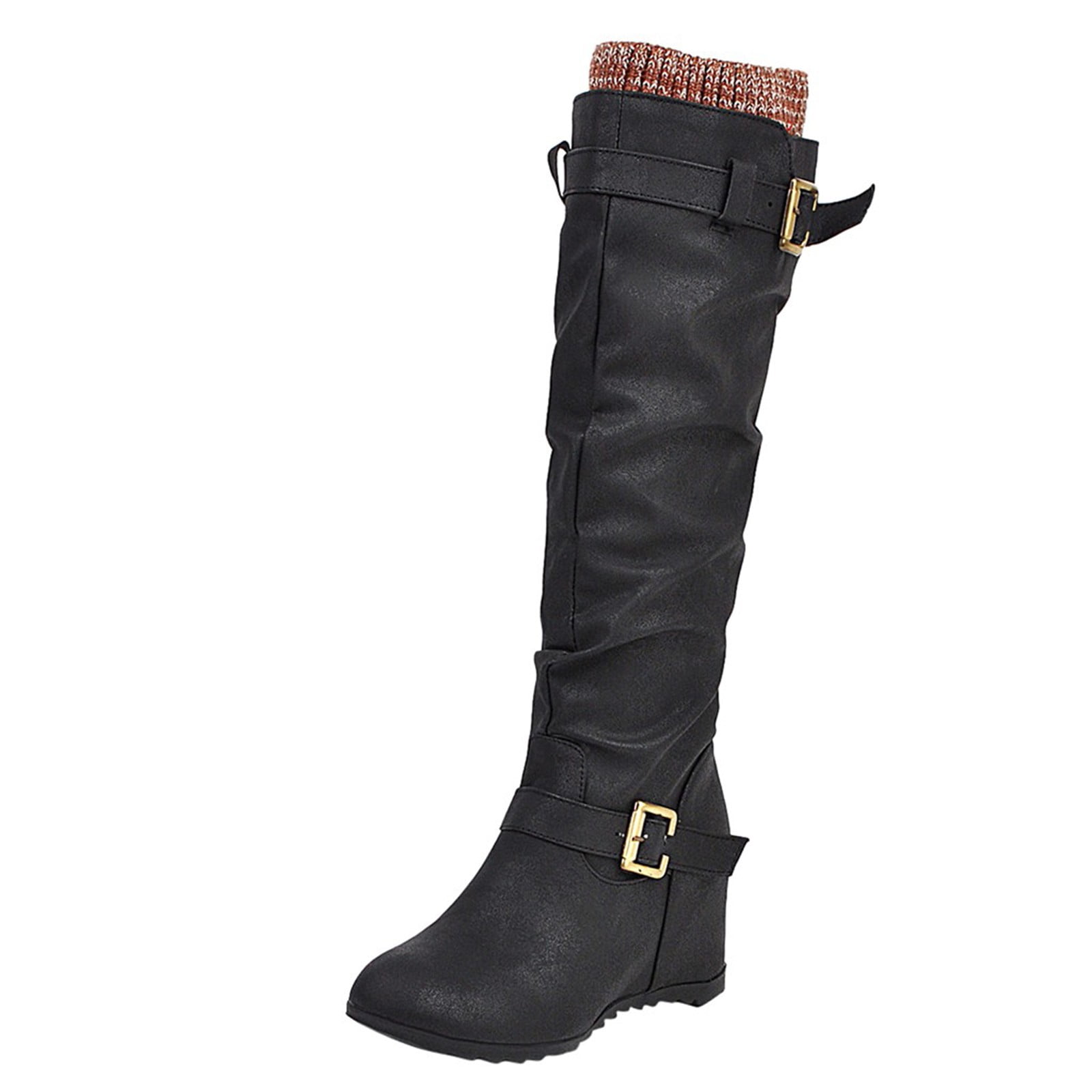 Mepaouo Wedges Knee High Boots Womens Hidden Wedge Heels Buckles ...