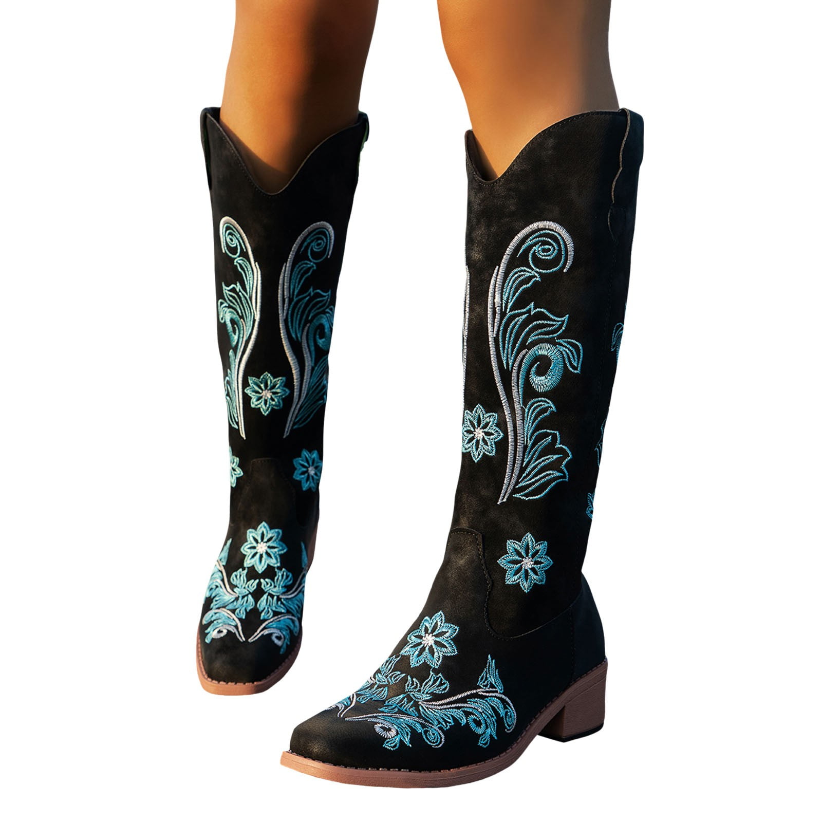 Mepaouo Western Cowboy Boots for Women Knee High Wide Calf Cowgirl ...