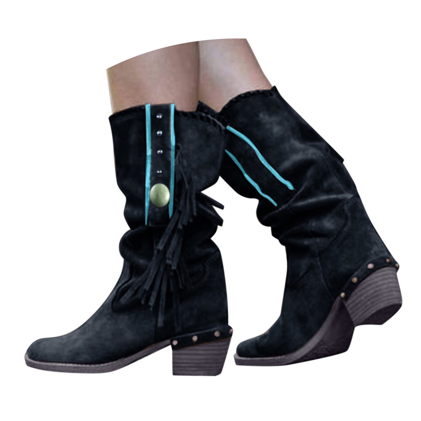 Mepaouo Western Cowboy Boots for Women Mid Calf Tassels Fringe Pointed ...