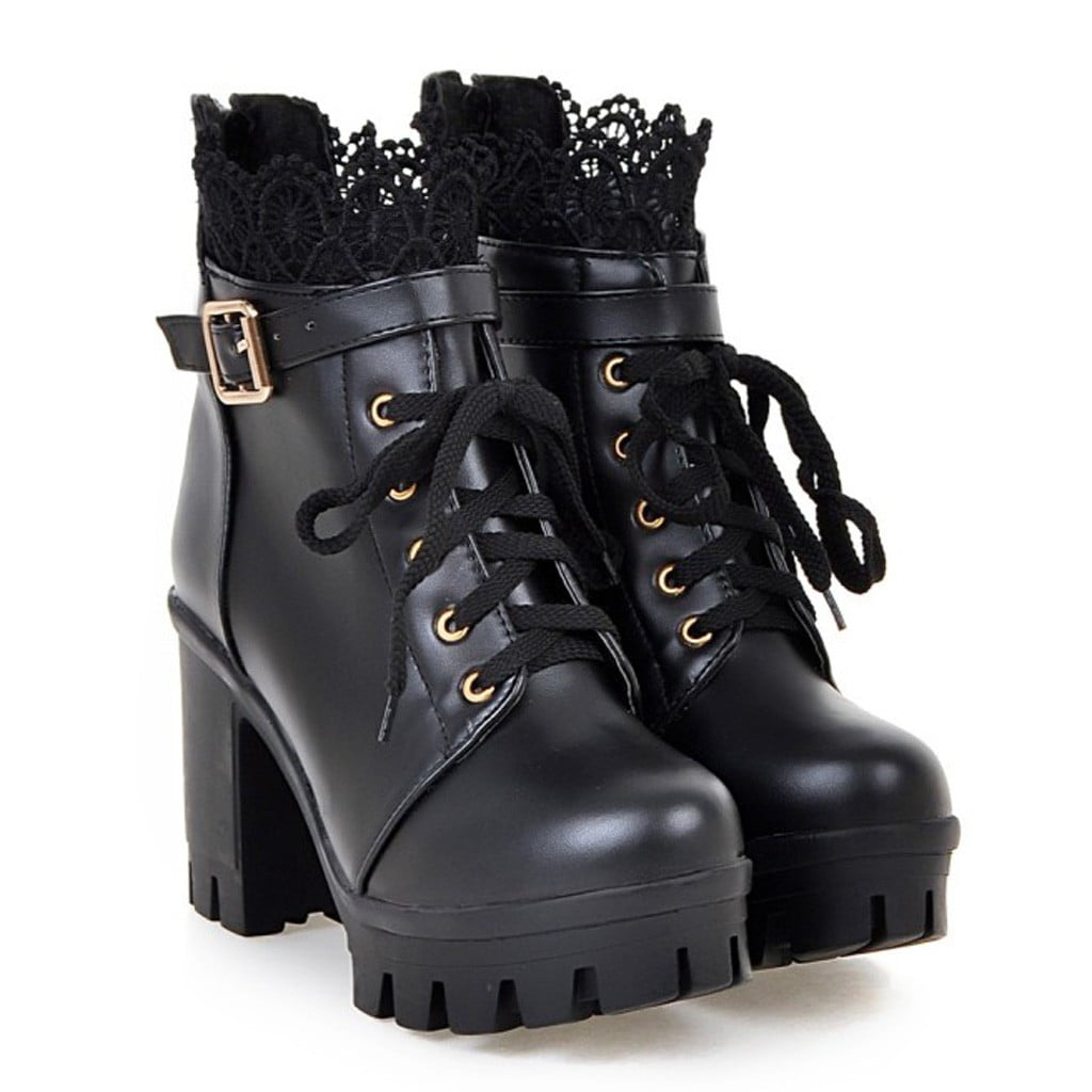 Mepaouo Women Platform Boots Black White Chunky Heel Ankle Booties Lace ...