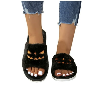 LORDFON Women's Fluffy Open Toe Slippers with Cross Band & Memory Foam, Non-Slip, Breathable ...