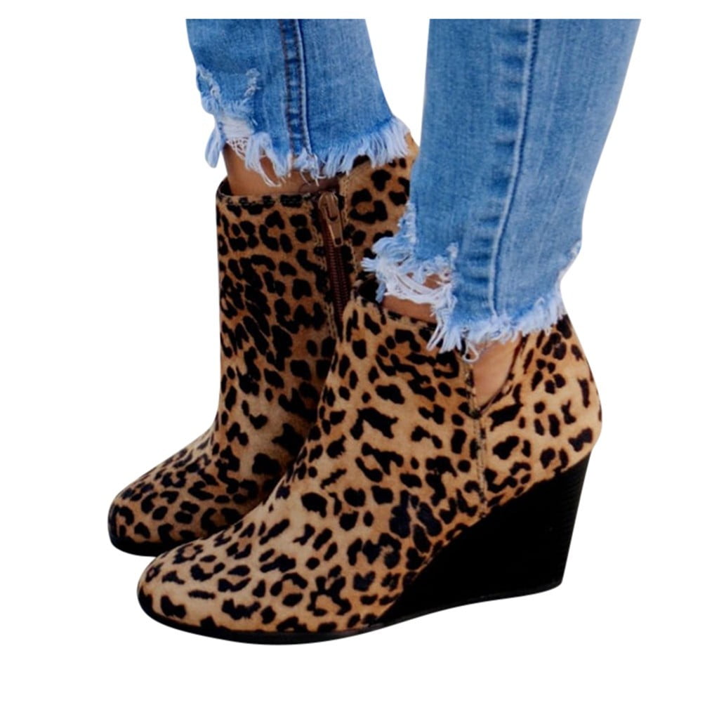 Mepaouo Women's Ankle Boots Leopard Low Wedges Pointed Toe Short ...