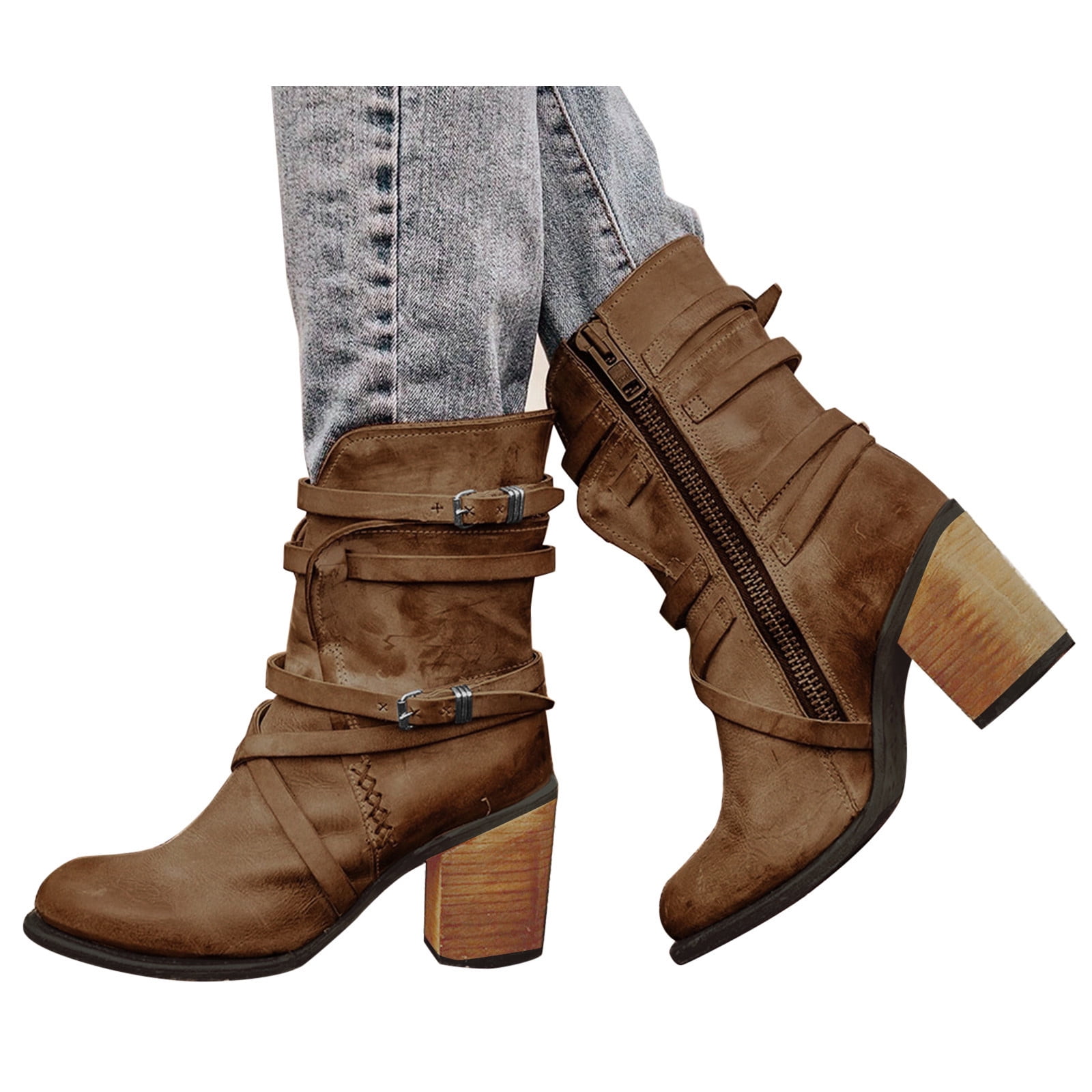 Mepaouo Women's Biker Boots Buckles Mid Calf Motorcycle Riding Boots ...