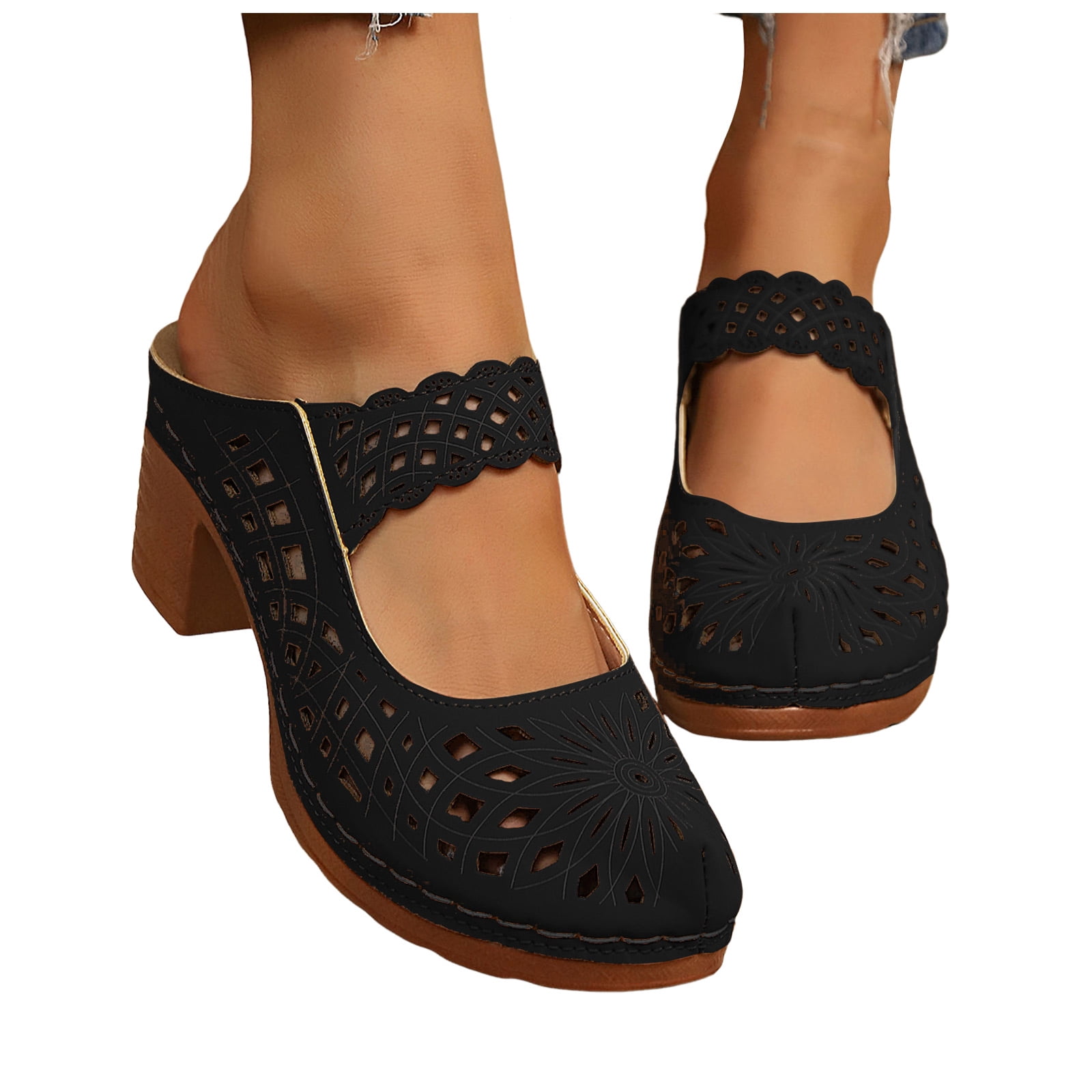 Mepaouo Women's Cutout Mule Clogs Open Back Chunky Heel Dress Shoes ...