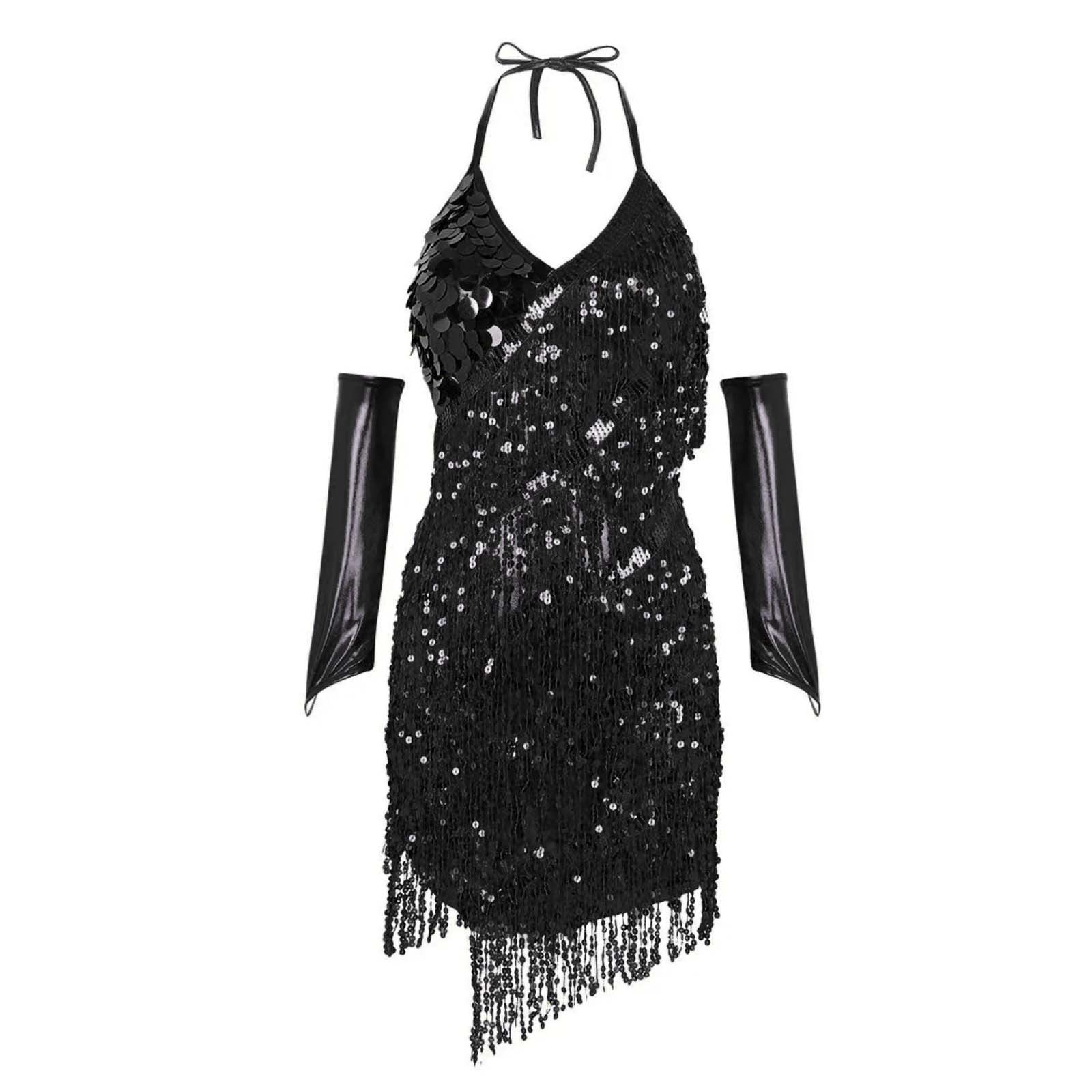 Mepaouo Women's Dance Dress Rhinestone Sequin Fringe Flapper Latin ...