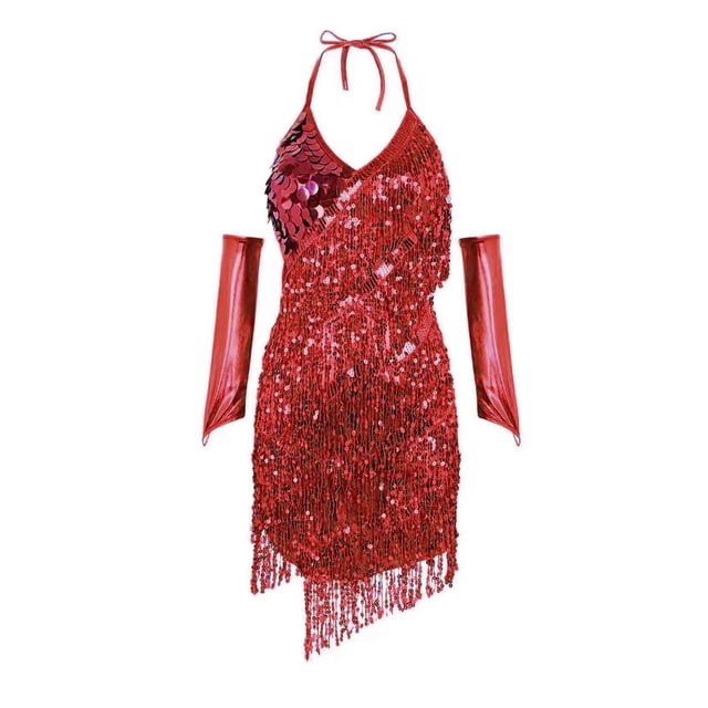 Mepaouo Women's Dance Dress Rhinestone Sequin Fringe Flapper Latin ...