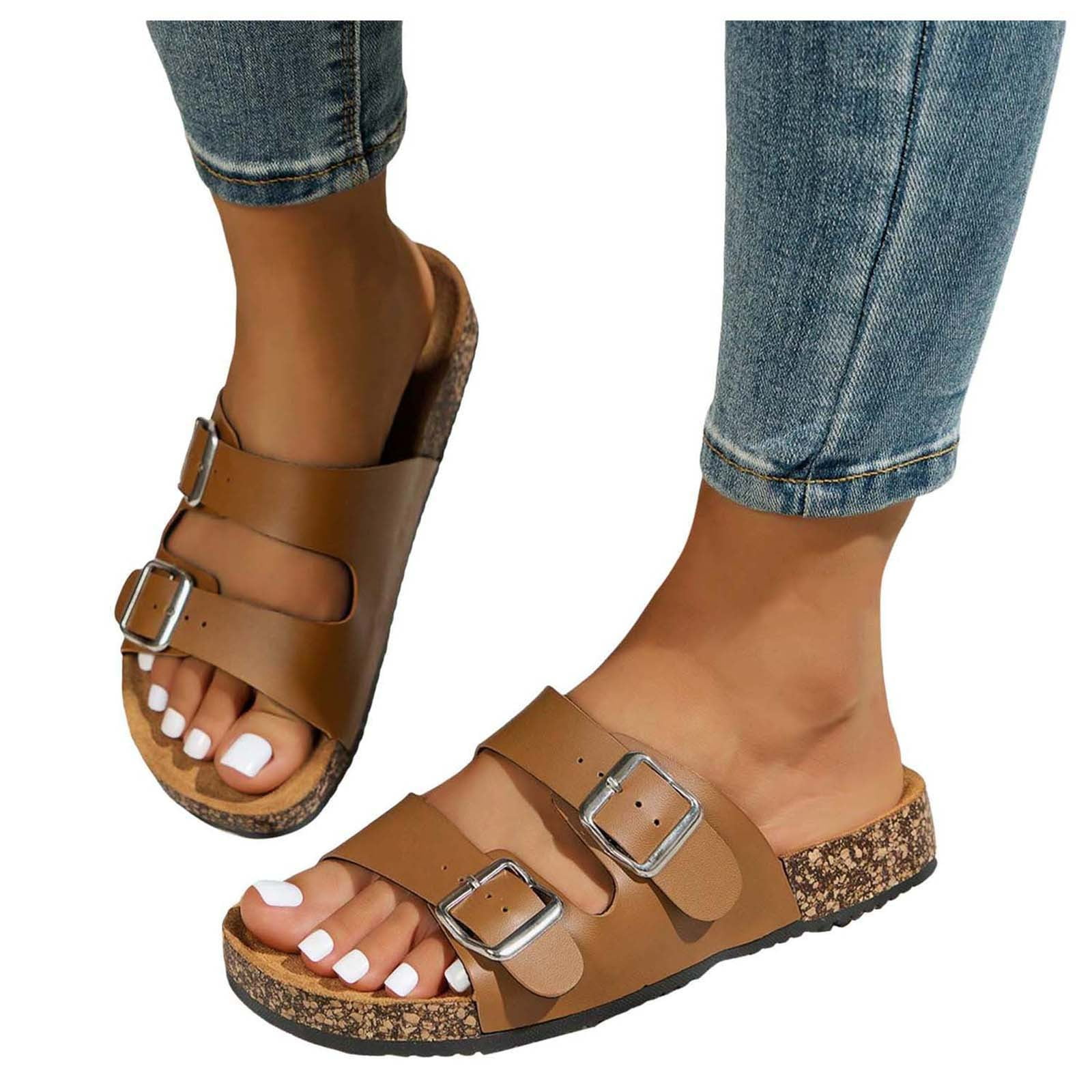 Mepaouo Women's Flat Sandals Cork Footbed Slide Clogs Arch Support Slip ...