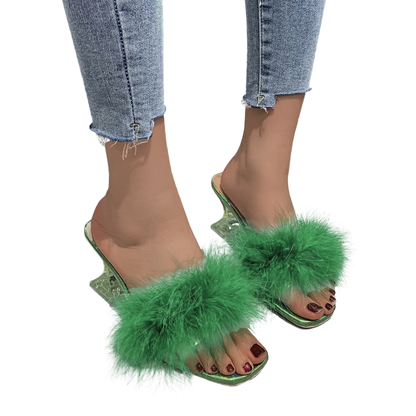 Mepaouo Women's Fuzzy Slippers Clear Heels Square Toe Stilettos Mules ...