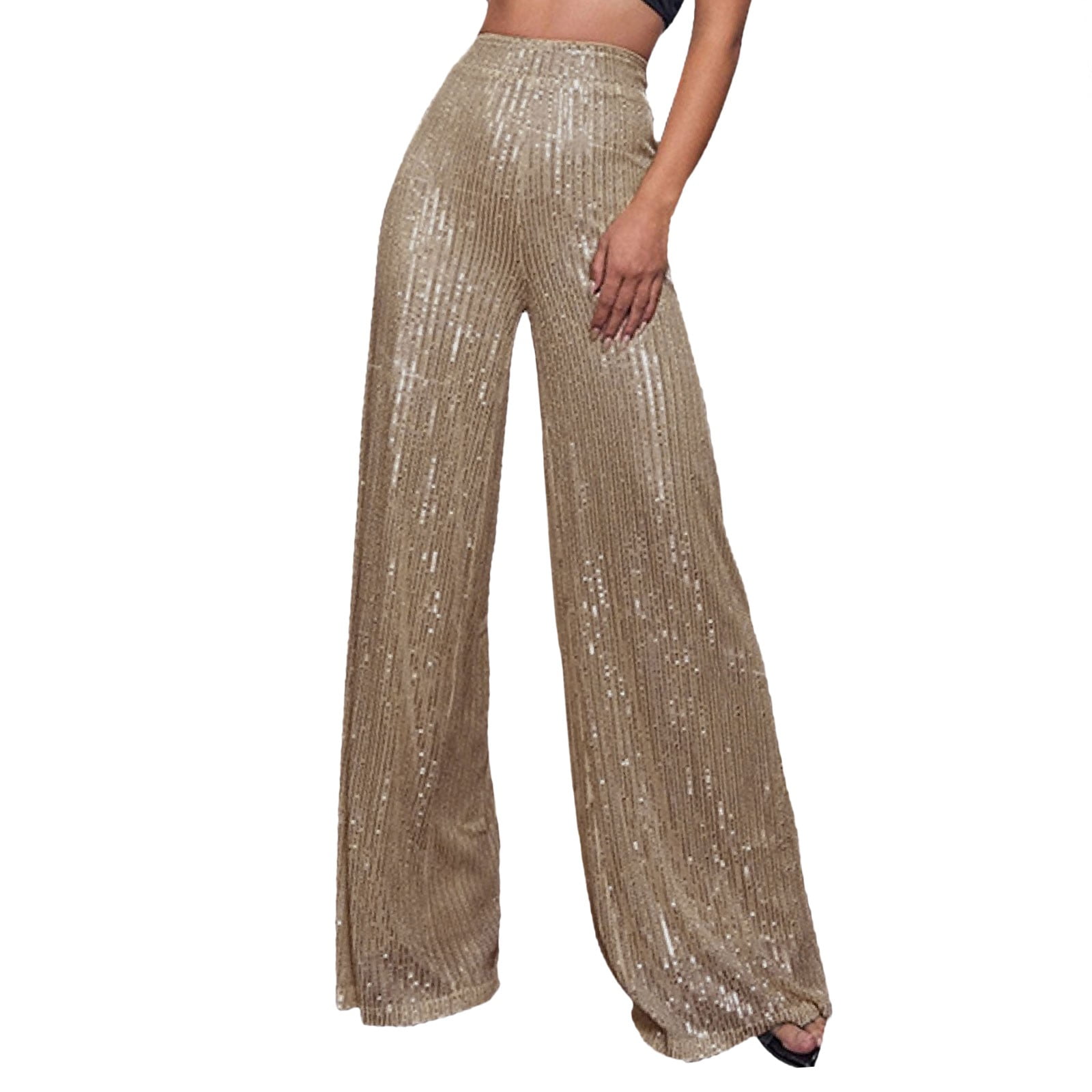 Mepaouo Women's Glitter Sequin Loose Pants Sexy Metallic Sparkly Wide ...