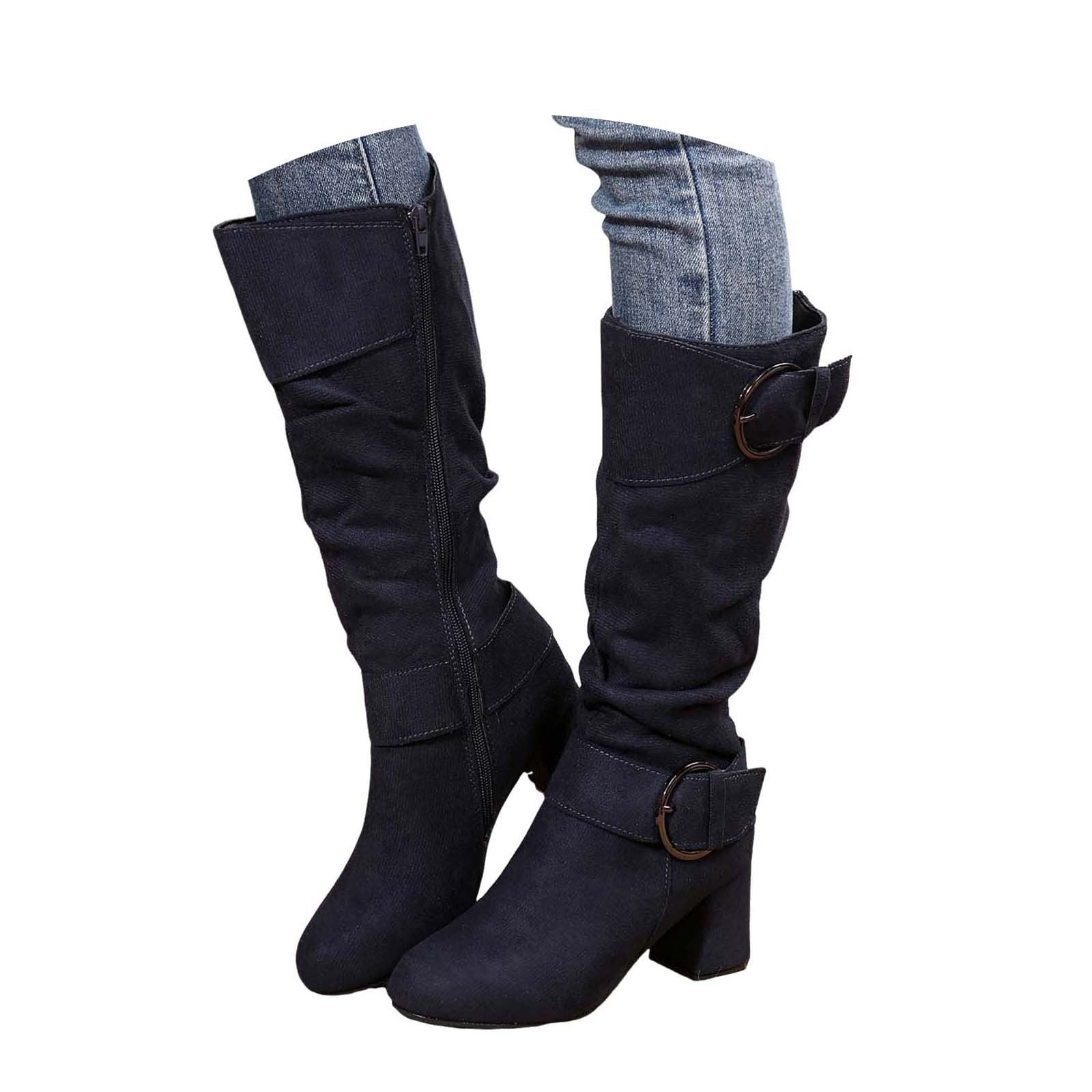 Mepaouo Women's Knee High Boots Cowboy Block Heel Pull on Slouch Warm ...