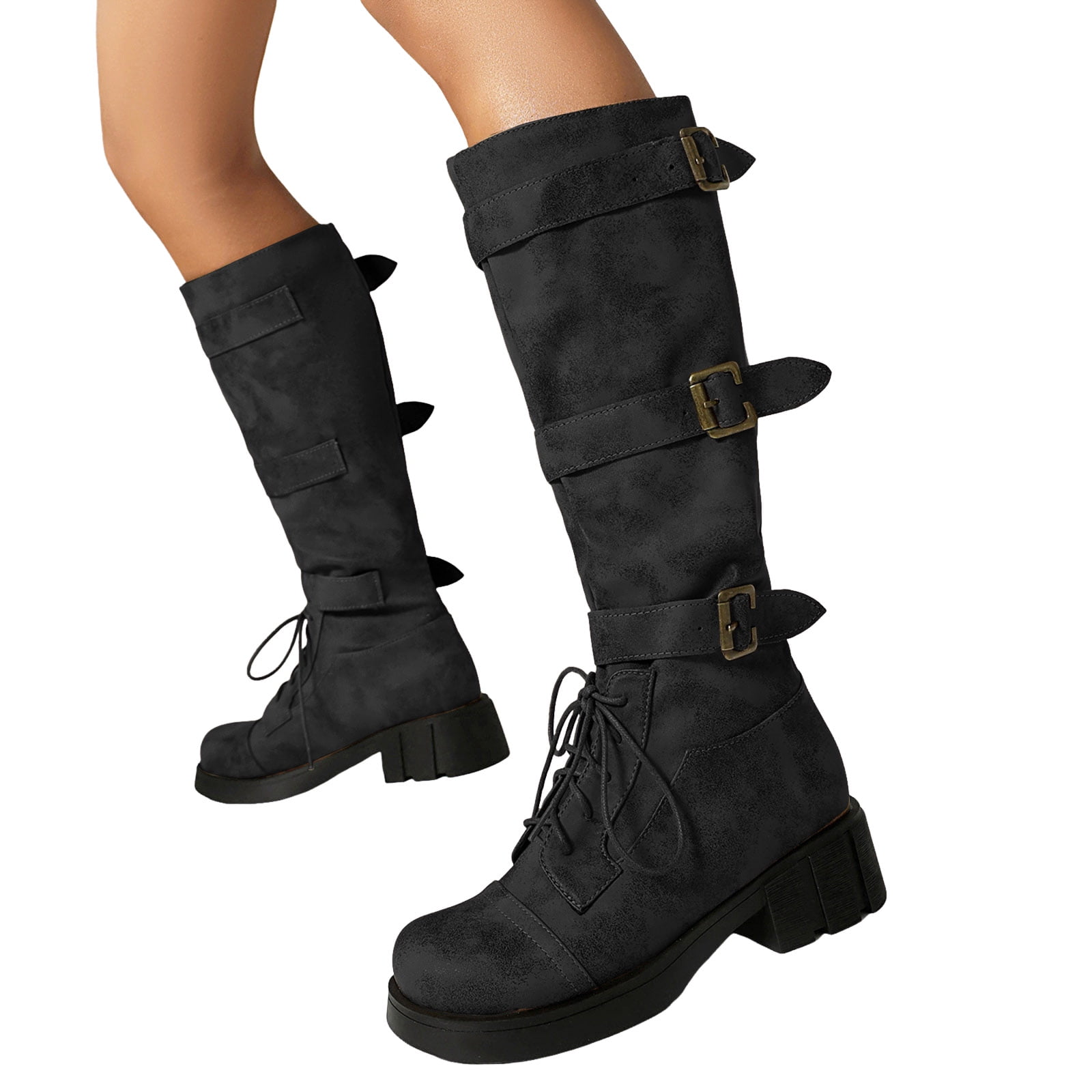 Mepaouo Women's Knee High Combat Boots Lace up Wide Calf Buckle Riding ...