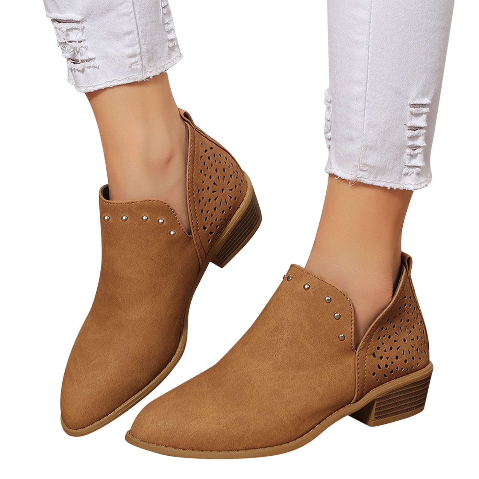 Mepaouo Women's Low Heel Ankle Boots Cutout Pointed Toe Slip on Walking ...