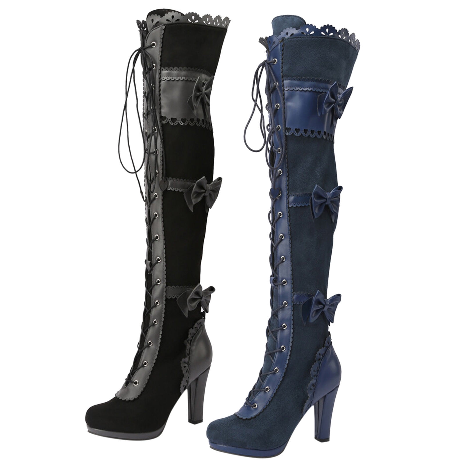 Mepaouo Women's Over The Knee Thigh High Heel Boots Zip Buckle Lace up ...