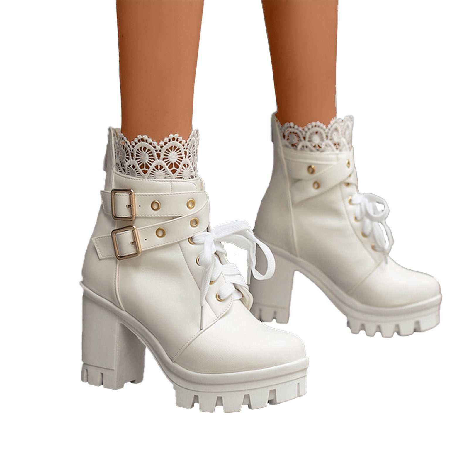 Mepaouo Women's Platform Ankle Boots Lace Buckle Heel Walking Dress ...