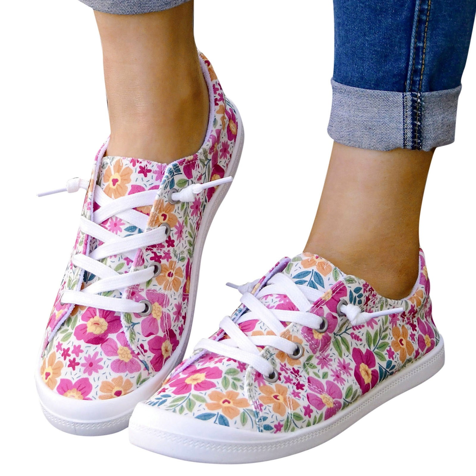 Mepaouo Women's Slip on Canvas Sneakers Flower Print Low Top Washed ...