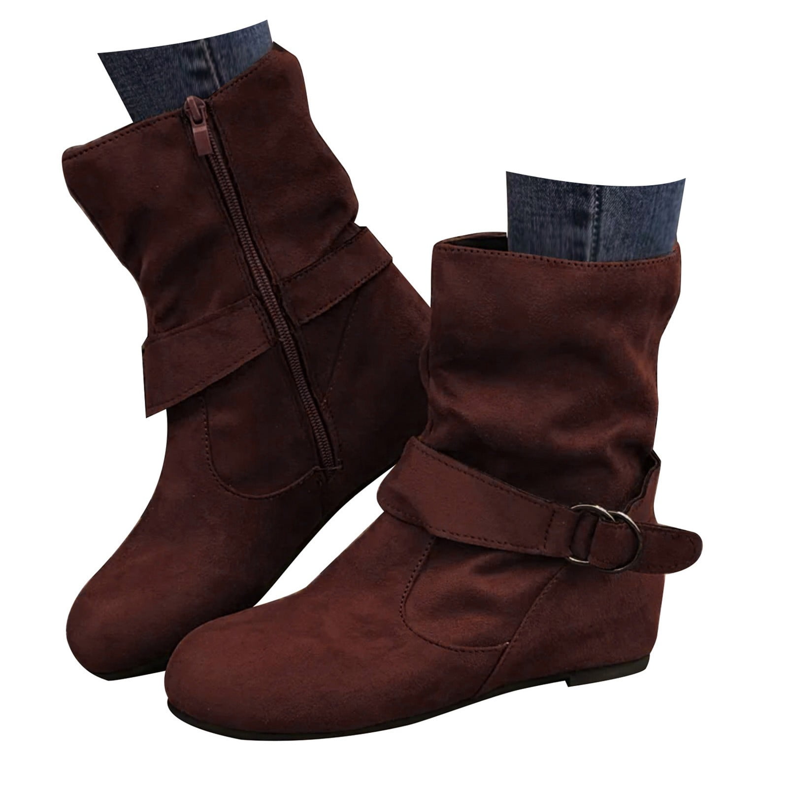 Mepaouo Women's Slouch Mid Calf Boots Round Toe Comfort Buckle Flat ...