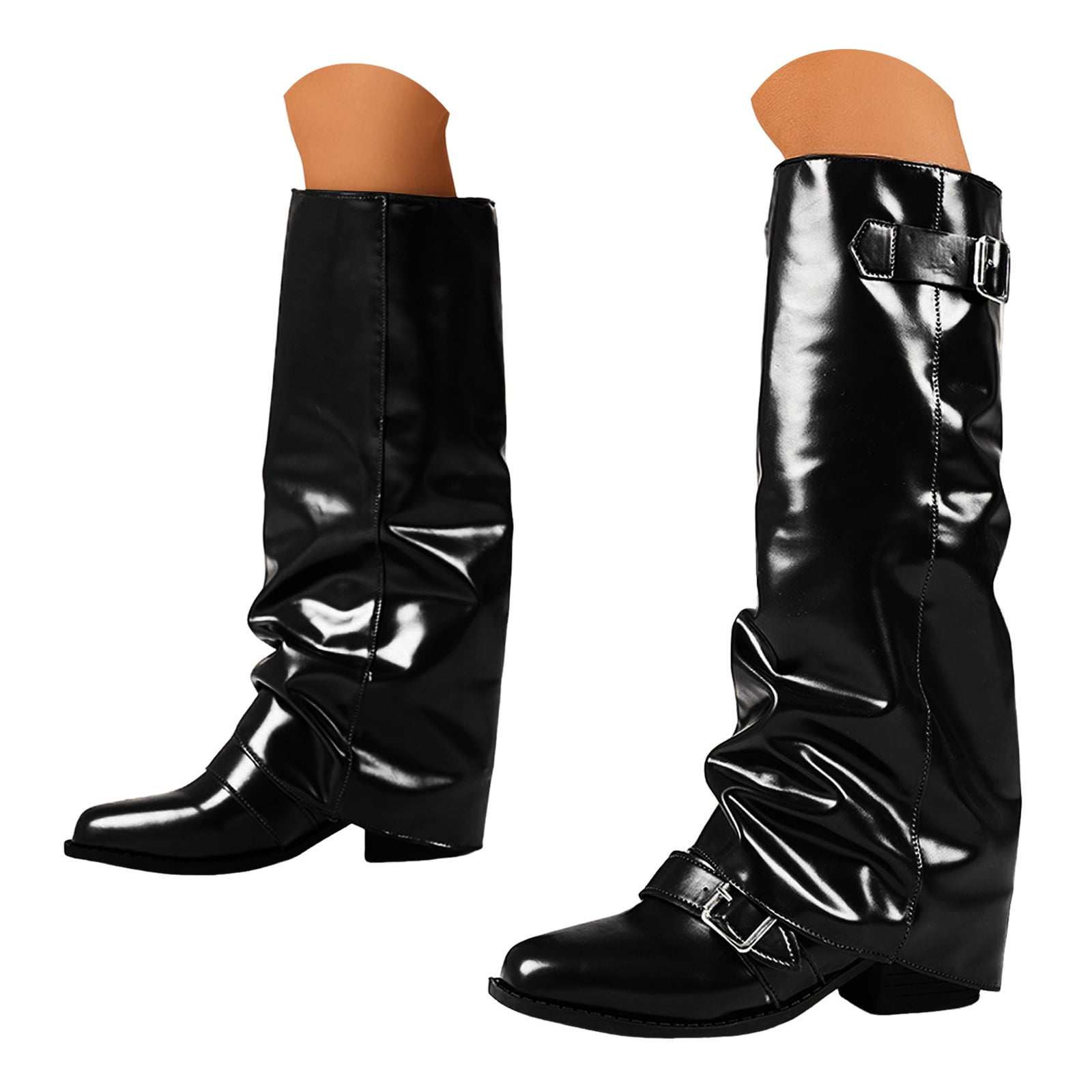 Mepaouo Women's Slouchy Knee High Boots Fold Over Square Toe Western ...