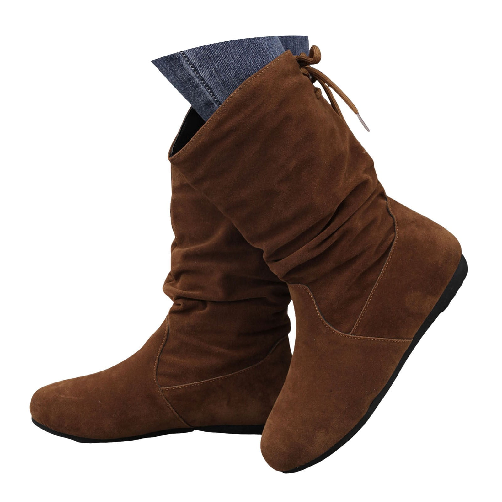 Mepaouo Women's Slouchy Riding Boots Round Toe Mid Calf Flats Suede ...