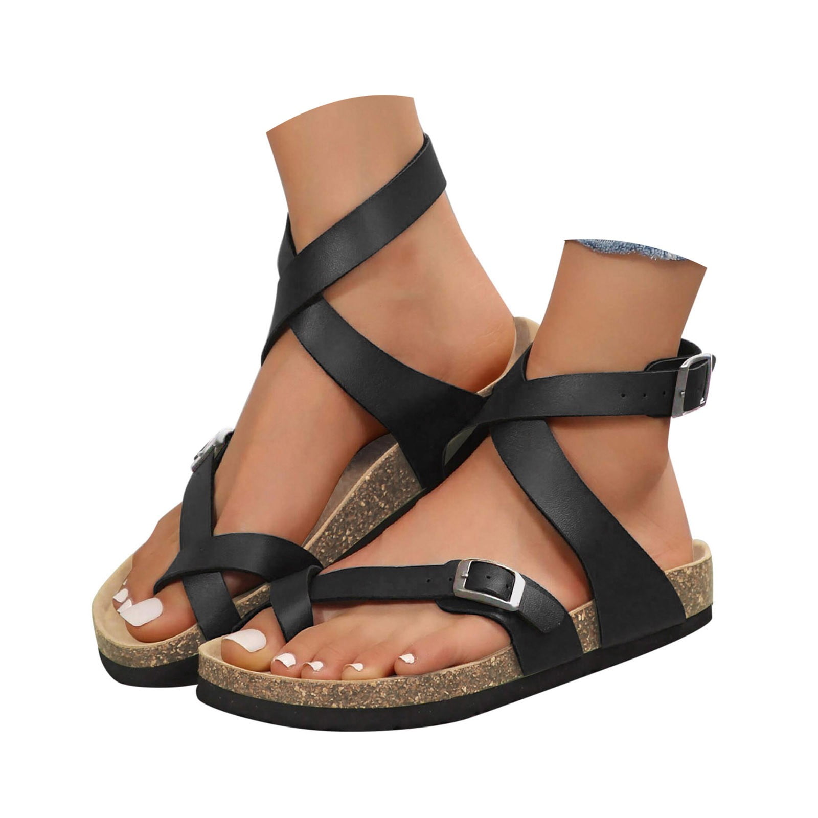 Mepaouo Women's Strappy Flat Sandals Open Toe Two Buckles Clogs Flip ...