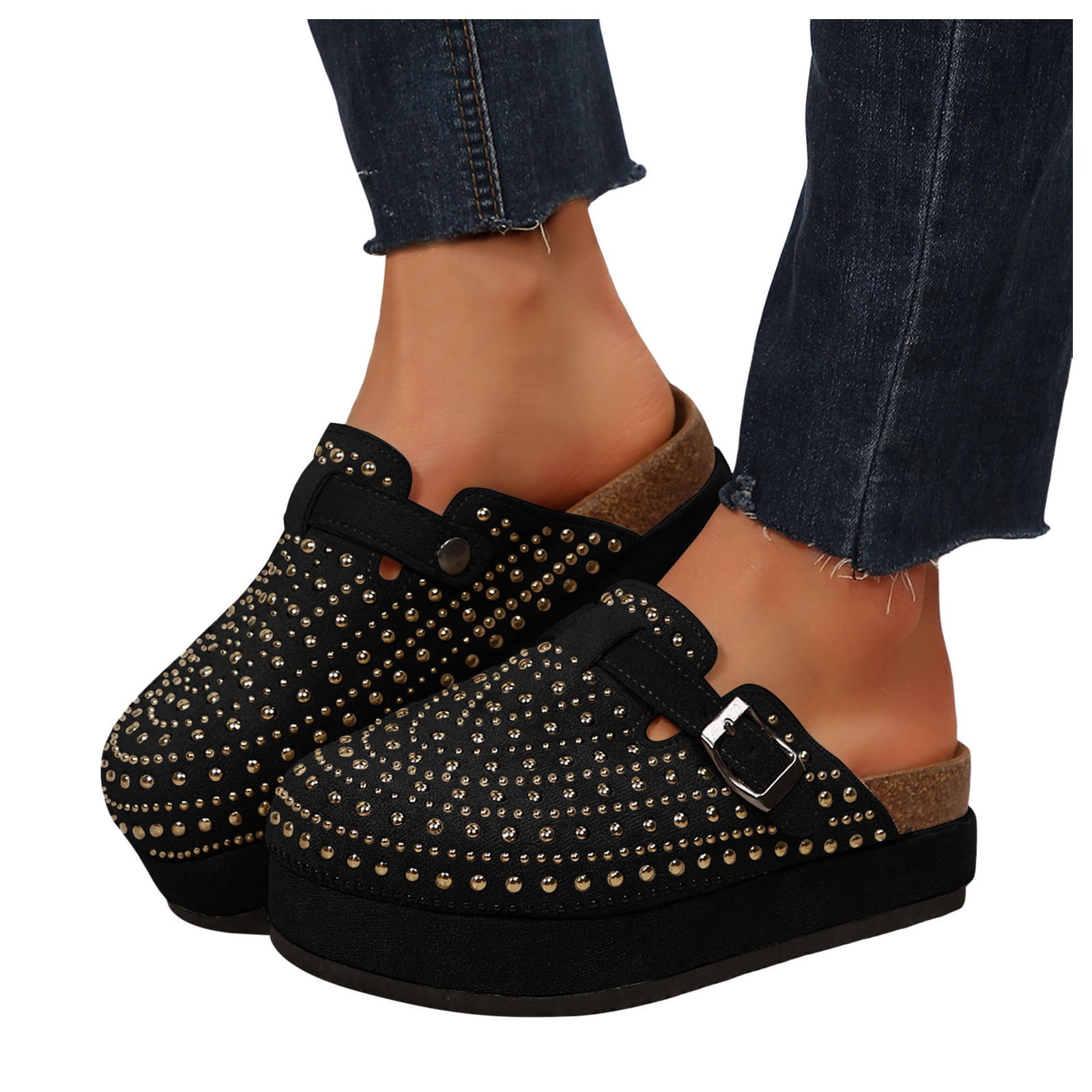 Mepaouo Women's Suede Clogs Rhinestone Cork Footbed Sandals Closed Toe ...