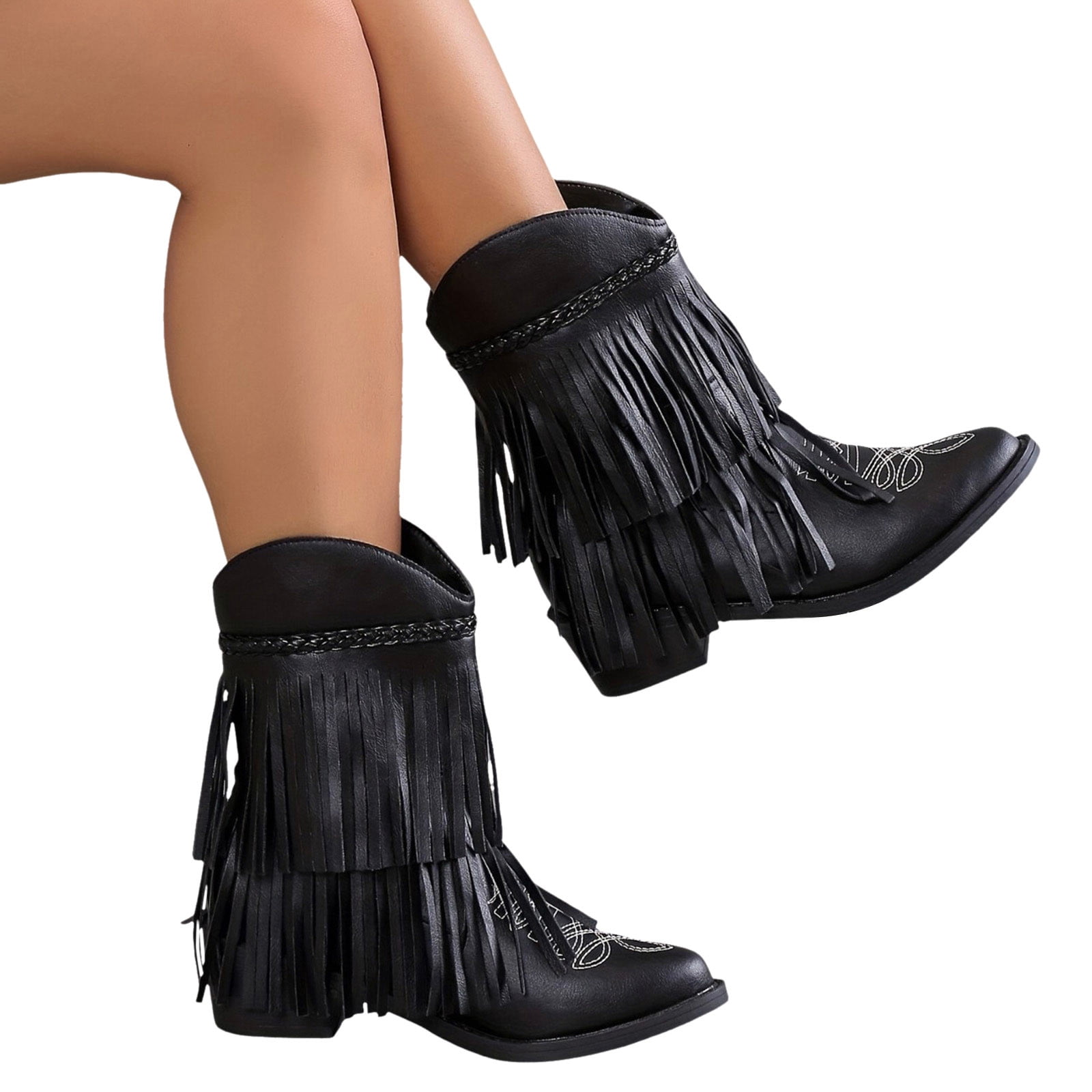 Mepaouo Women's Wide Mid Calf Boots Pointed Toe Fringe Western Cowboy ...