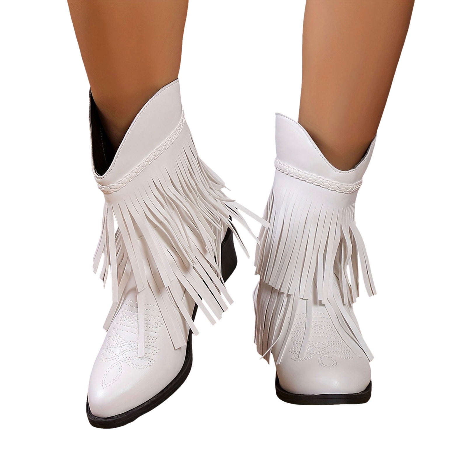 Mepaouo Women's Wide Mid Calf Boots Pointed Toe Fringe Western Cowboy ...