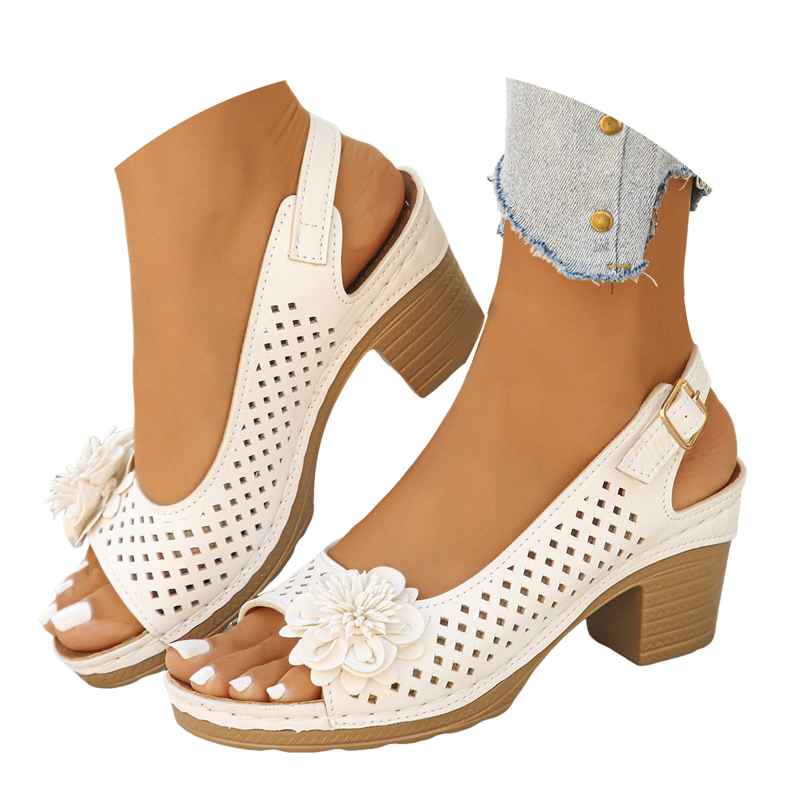 Mepaouo Womens Chunky High Heels Fish Mouth Flowers Sandals 2025 Summer ...