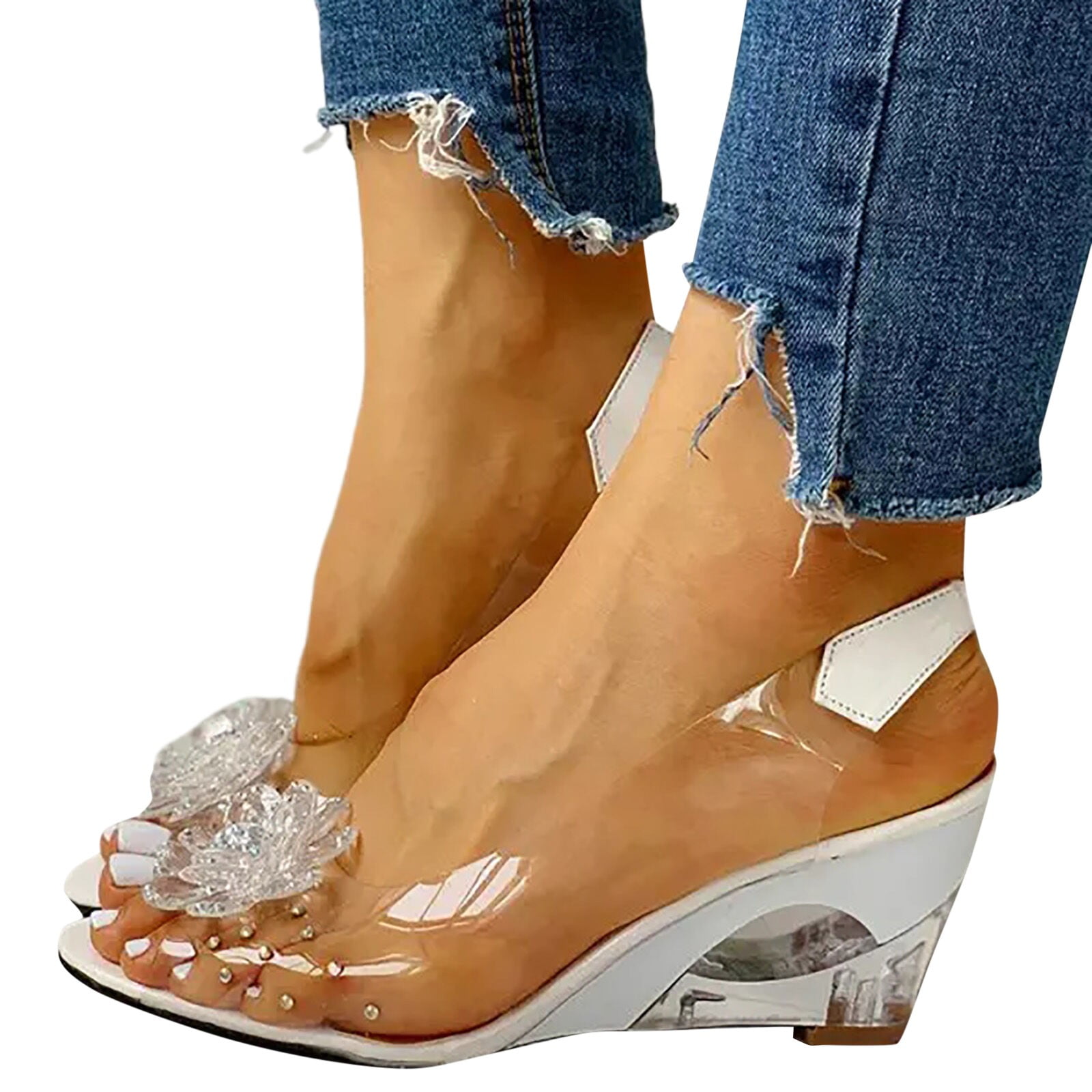 Mepaouo Womens Clear Kitten Heels Sandals Slingback Pump Wedges Shoes ...
