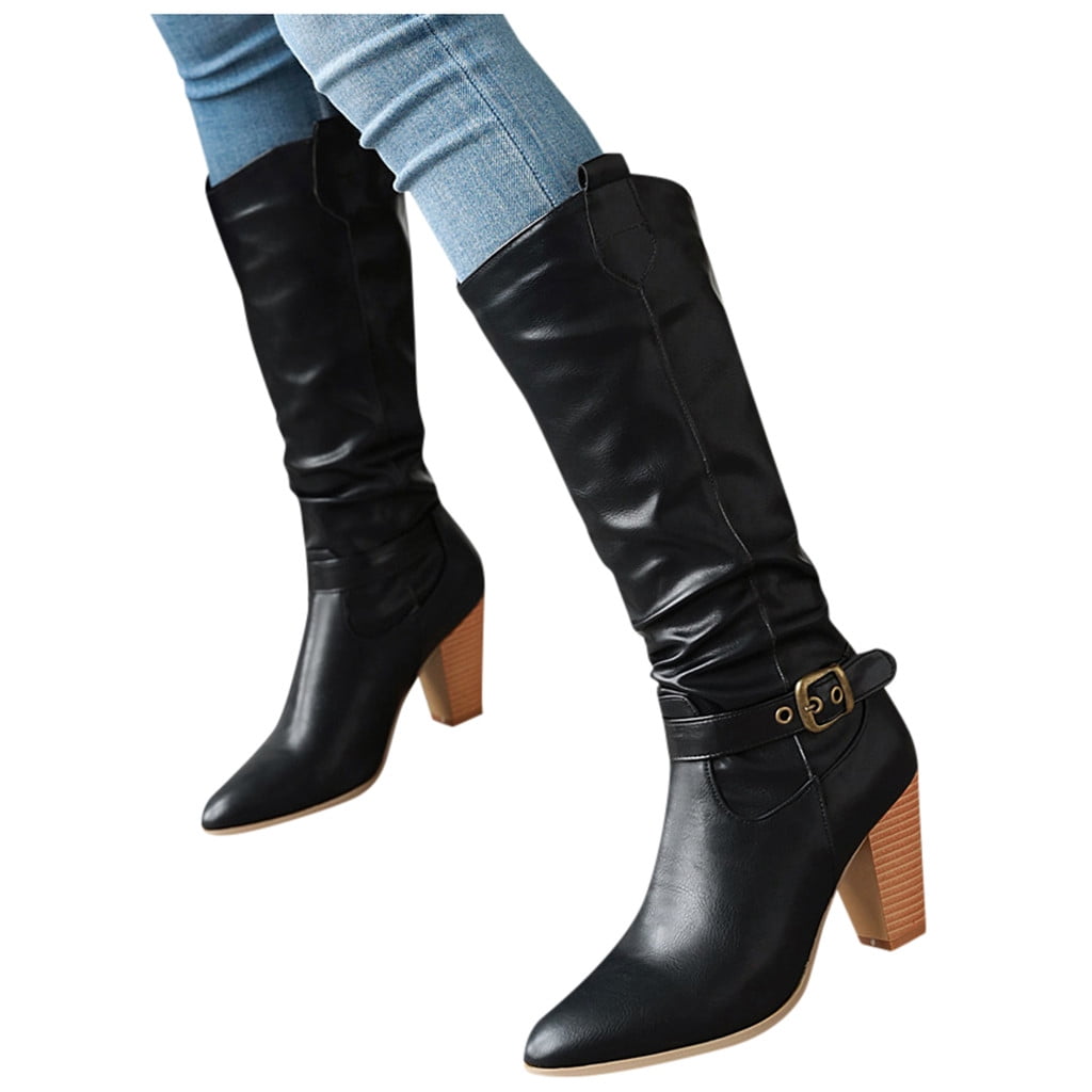 Mepaouo Womens Cowboy Boots Heel Pointed Toe Knee High Zipper Cowgirl ...