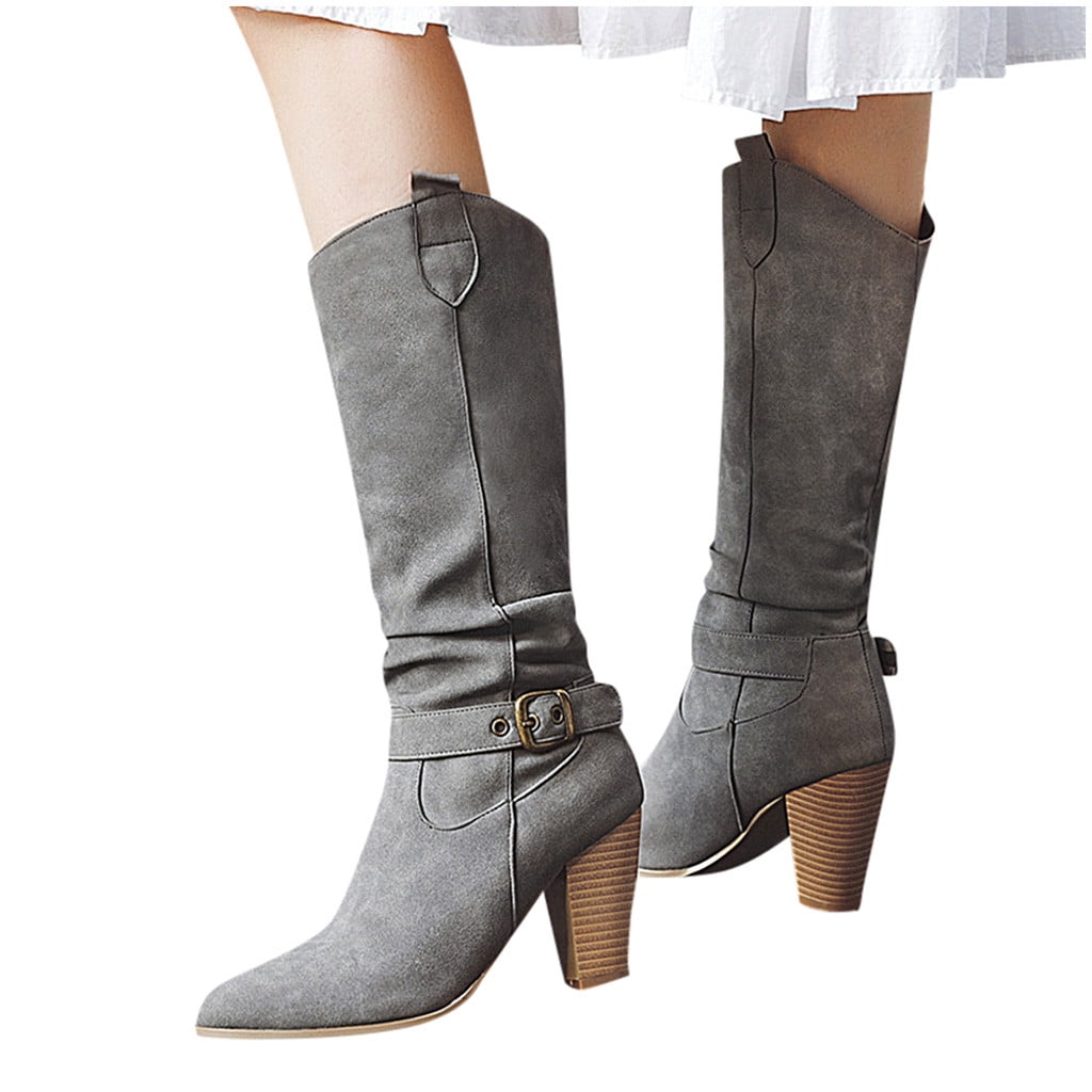 Mepaouo Womens Cowboy Boots Heel Pointed Toe Knee High Zipper Cowgirl ...