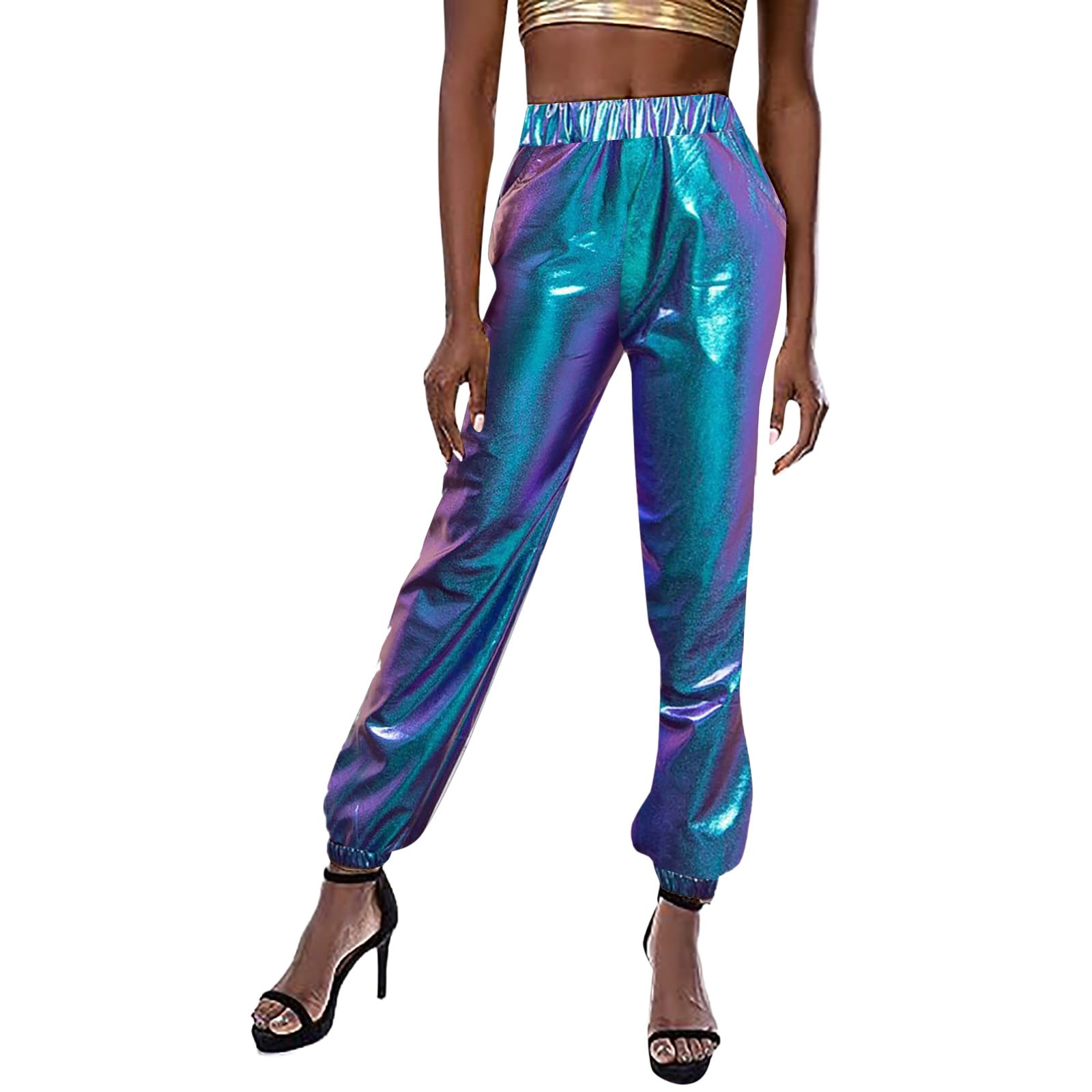Mepaouo Womens Shiny Metallic Jogger Pants High Waist Stretchy Wet Hop ...