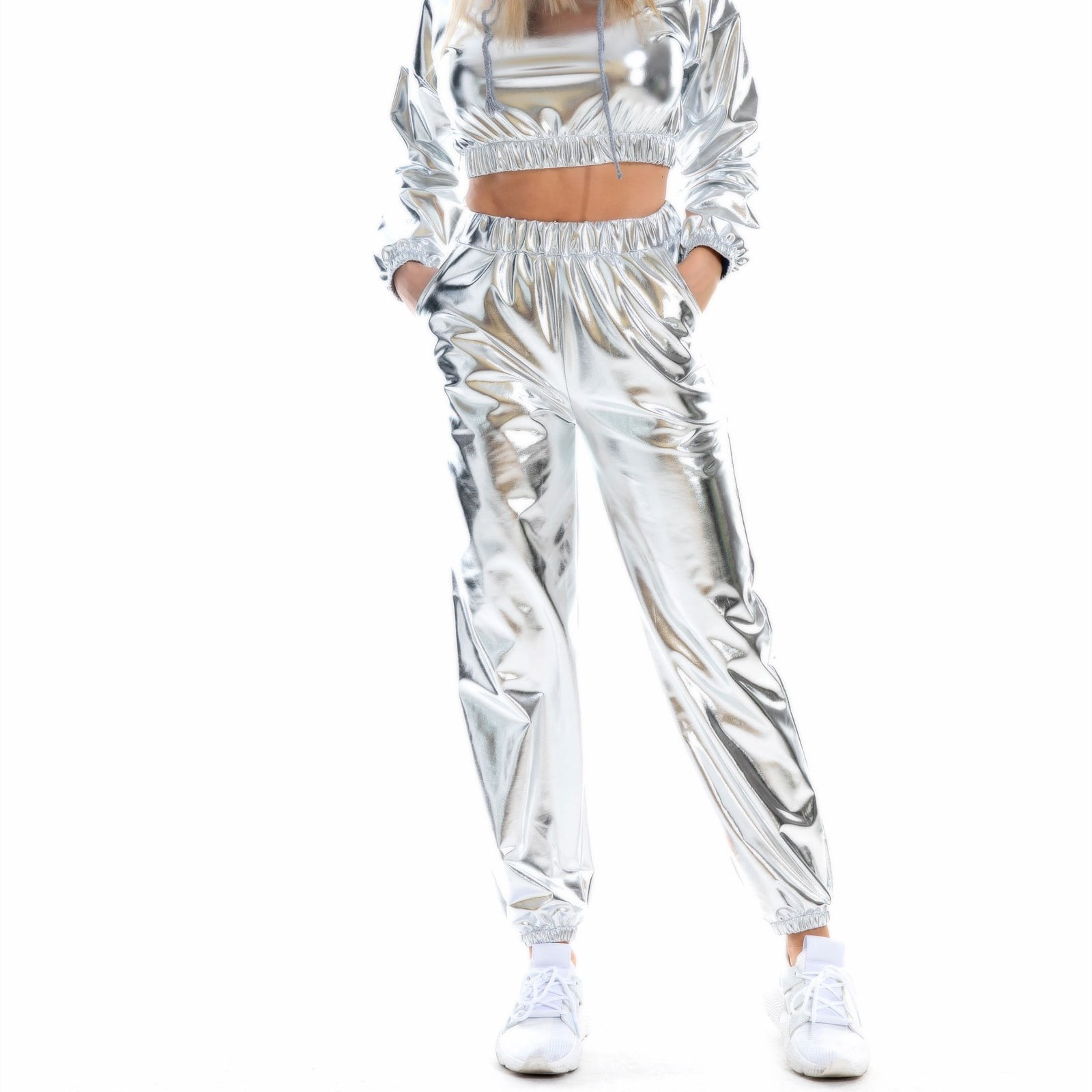 Mepaouo Womens Shiny Metallic Pants Holographic Disco Sweatpant Cowgirl ...