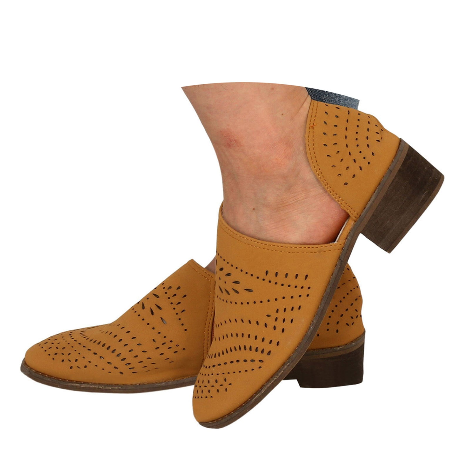 Mepaouo Womens Slip on Ankle Boots Perforated Cut Out Stacked Heel ...