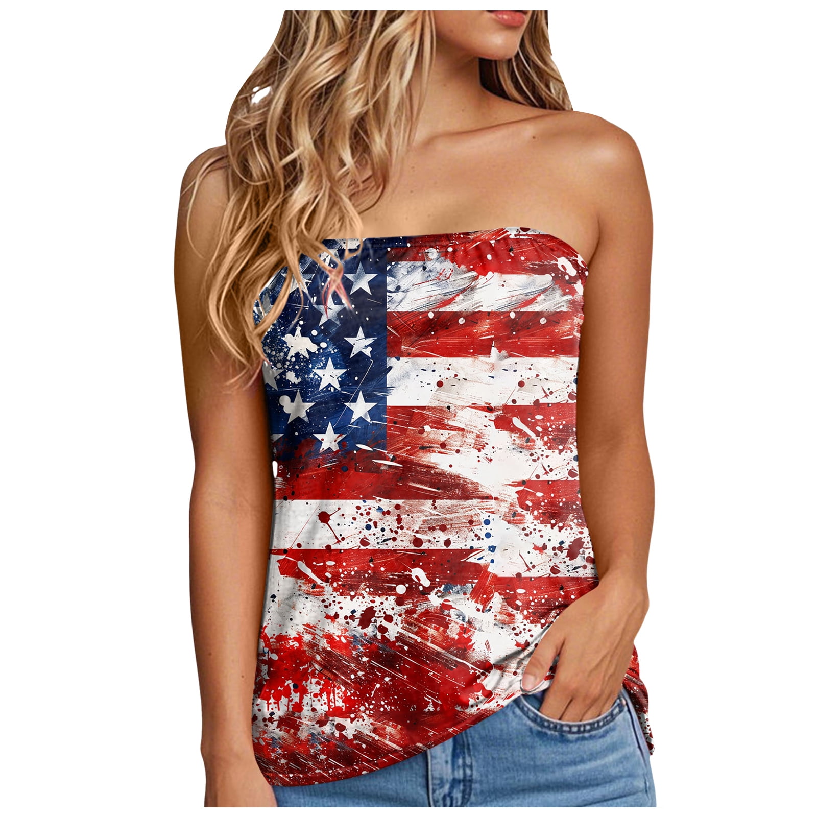 Mepaouo Womens Smocked Strapless Tank Top American Flag 4th of July Off ...