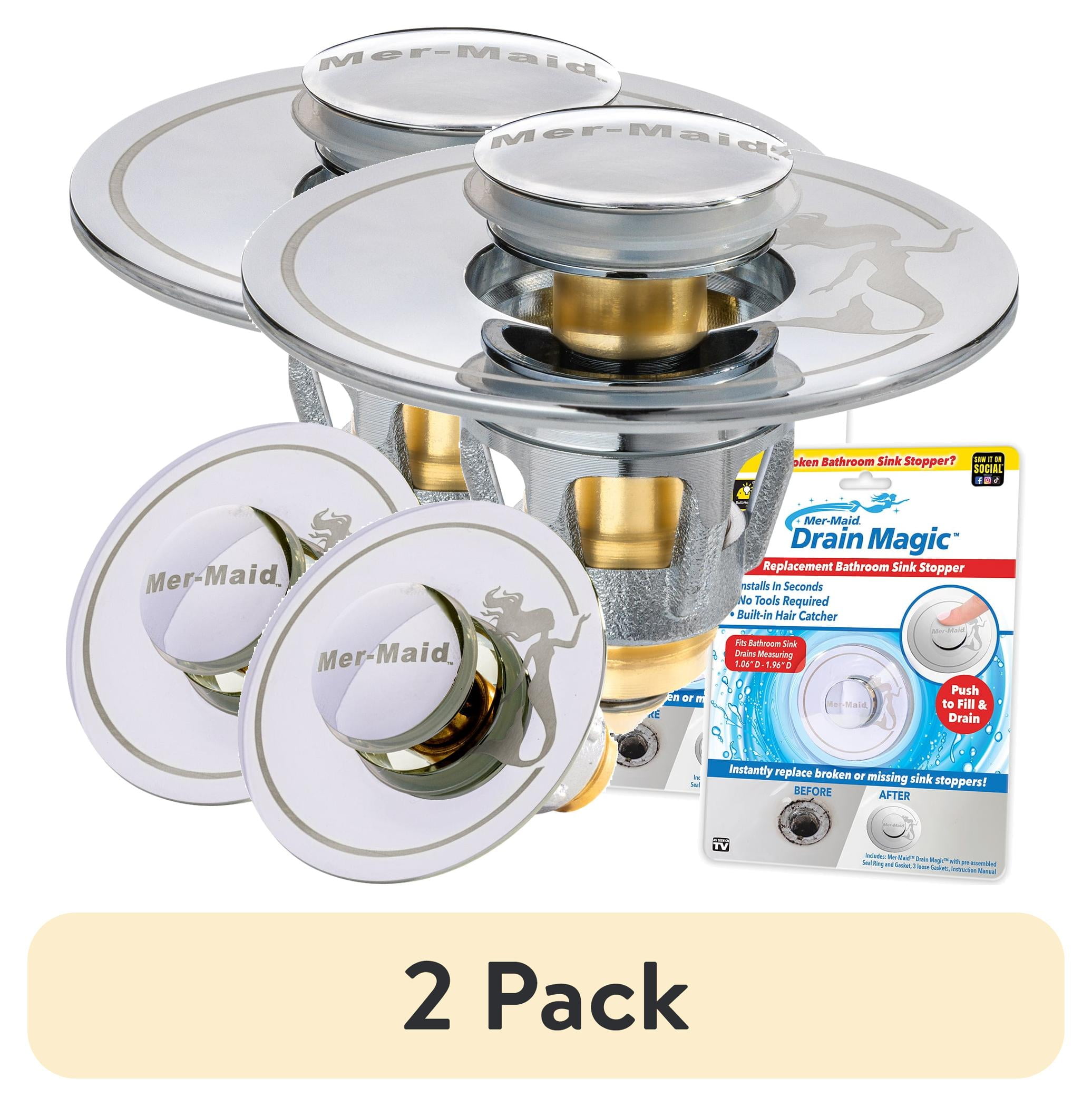 (2 pack) Mer-Maid Drain Magic Universal Sink Stopper, Instantly Replace ...